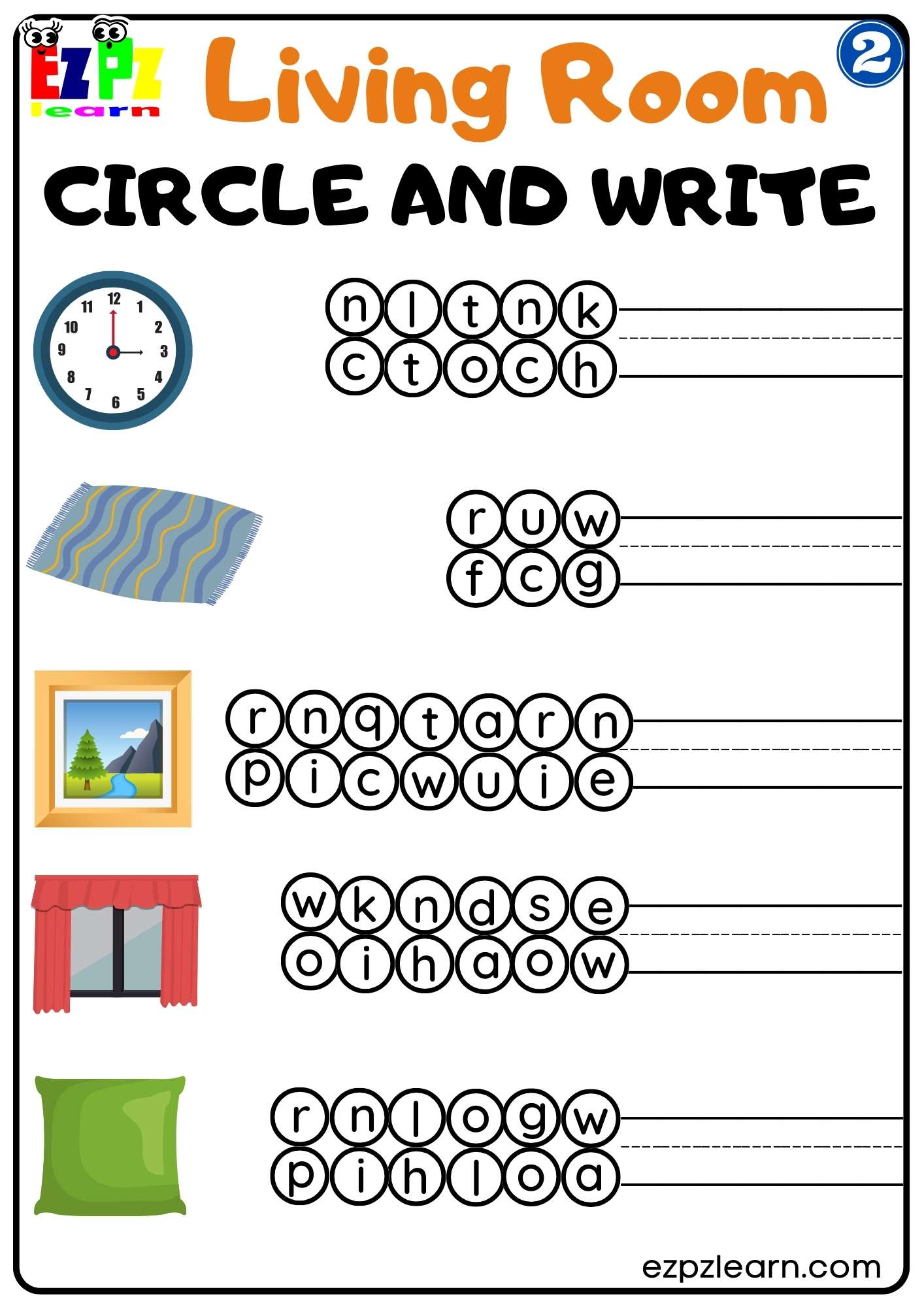 G2 Living Room Circle and Write Worksheet for Homeschool and ESL ...