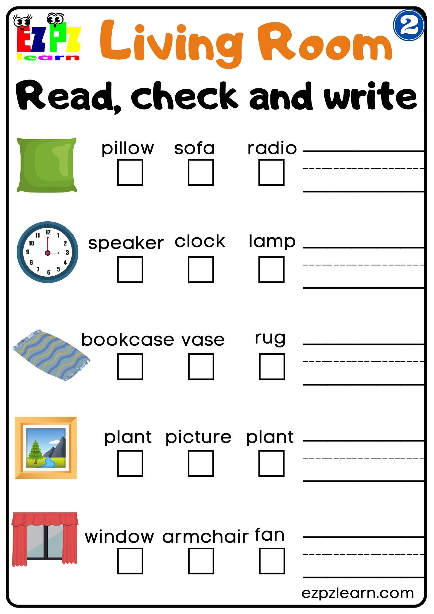 G2 Living Room Read Check and Write Worksheet for Homeschool and ESL ...