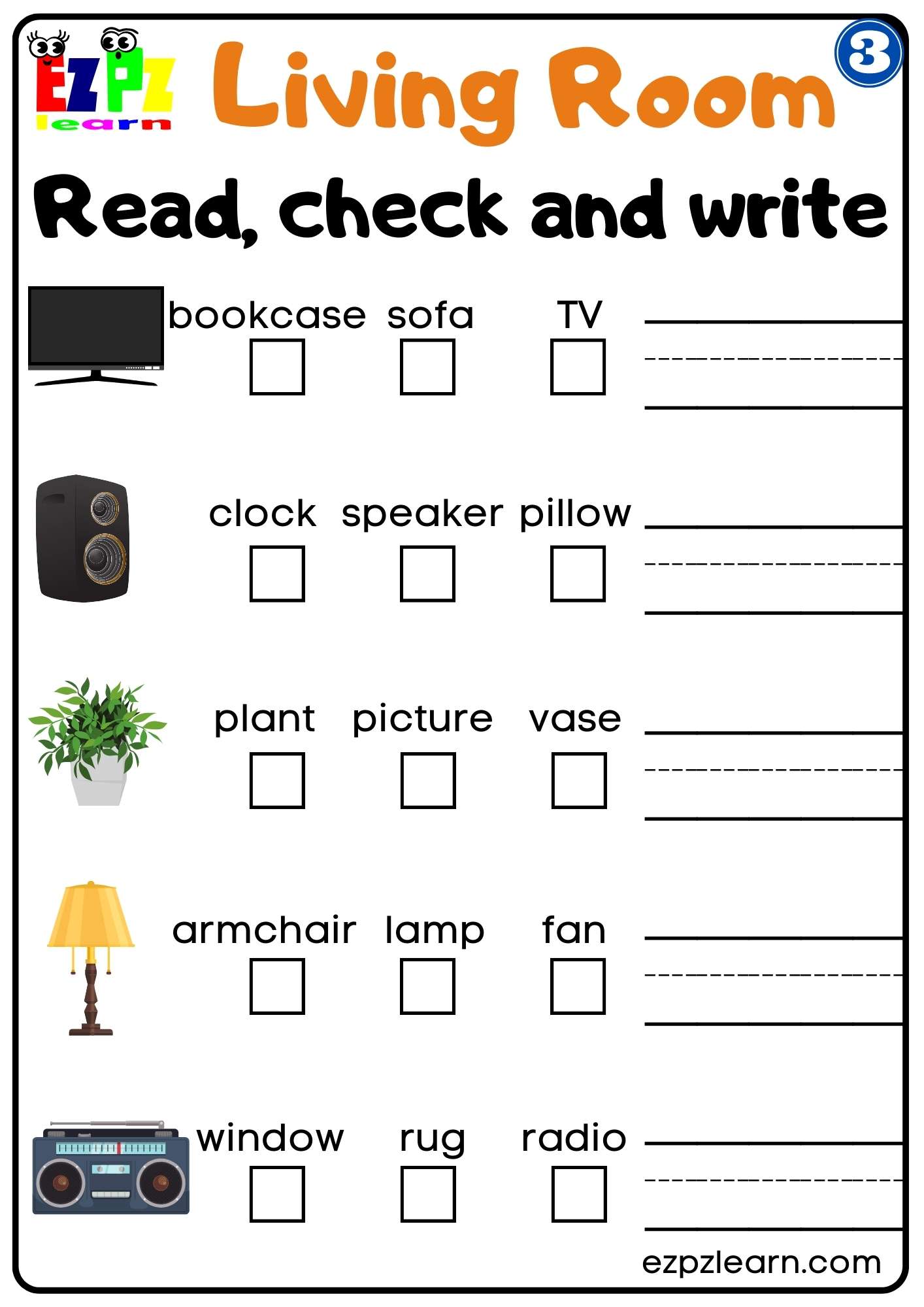 G3 Living Room Read Check and Write Worksheet for K5 and ESL Students ...
