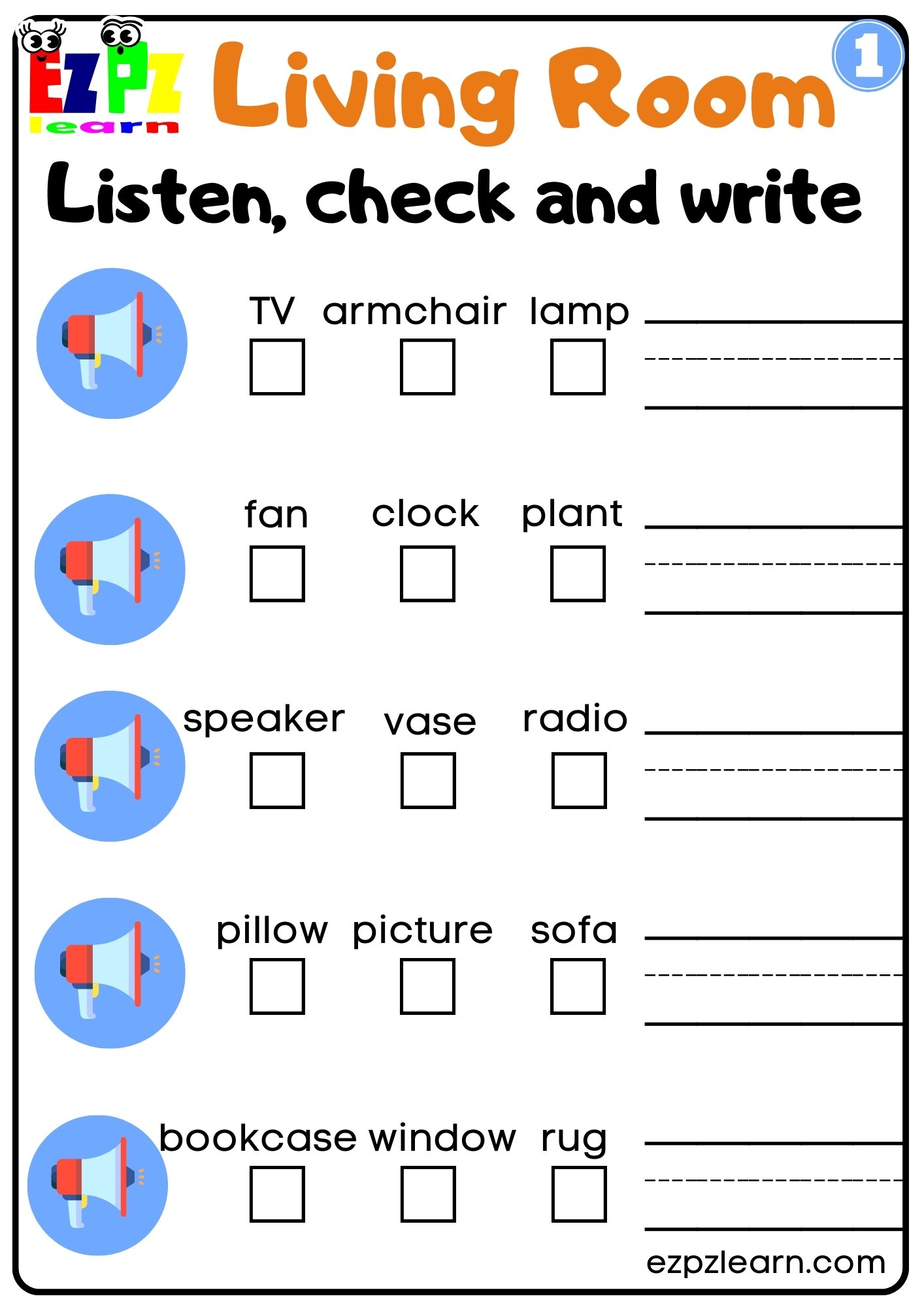Living Room Vocabulary Interactive Worksheet Listen, Check and Write ...