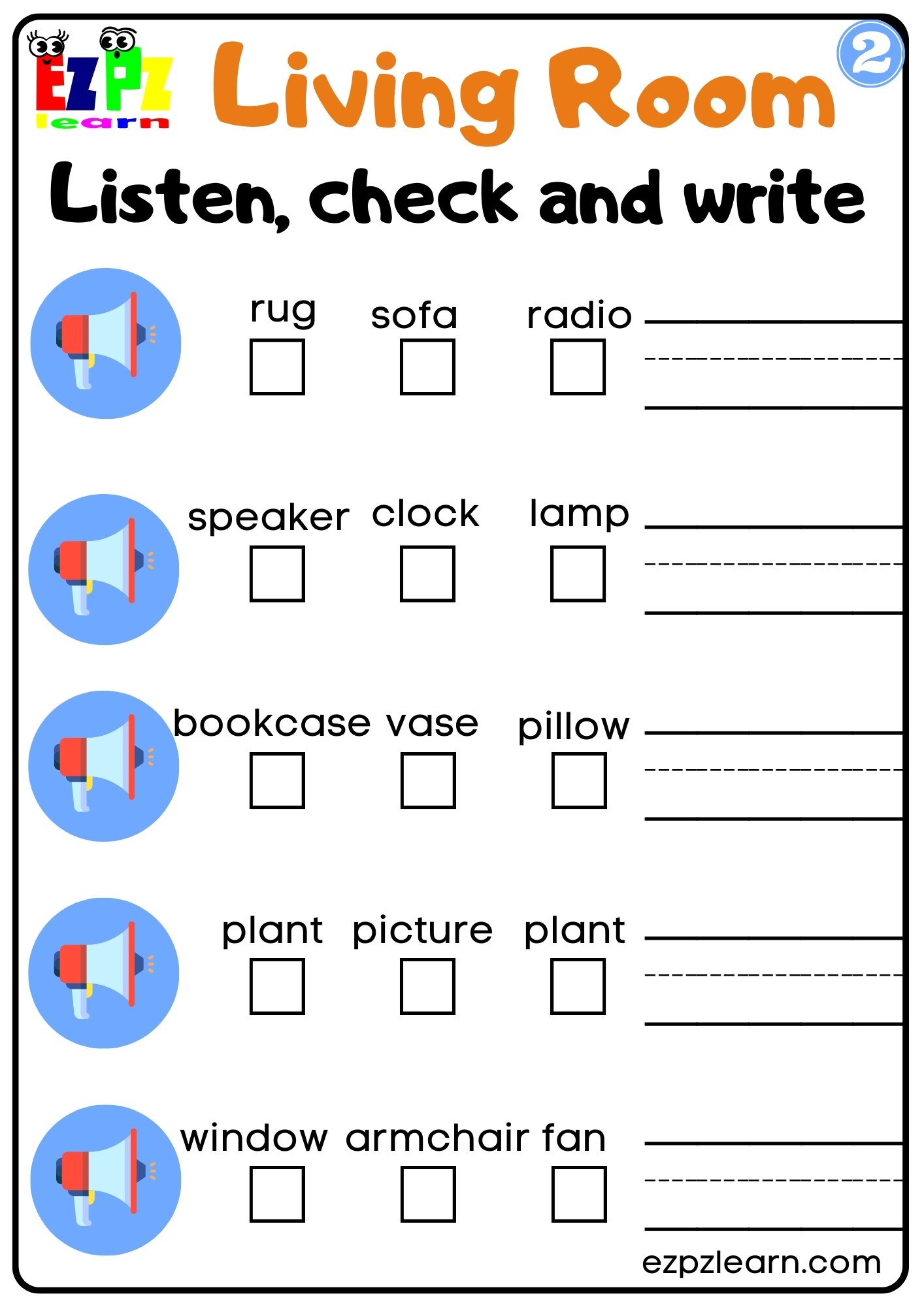 Living Room Vocabulary Interactive Worksheet Listen, Check and Write ...