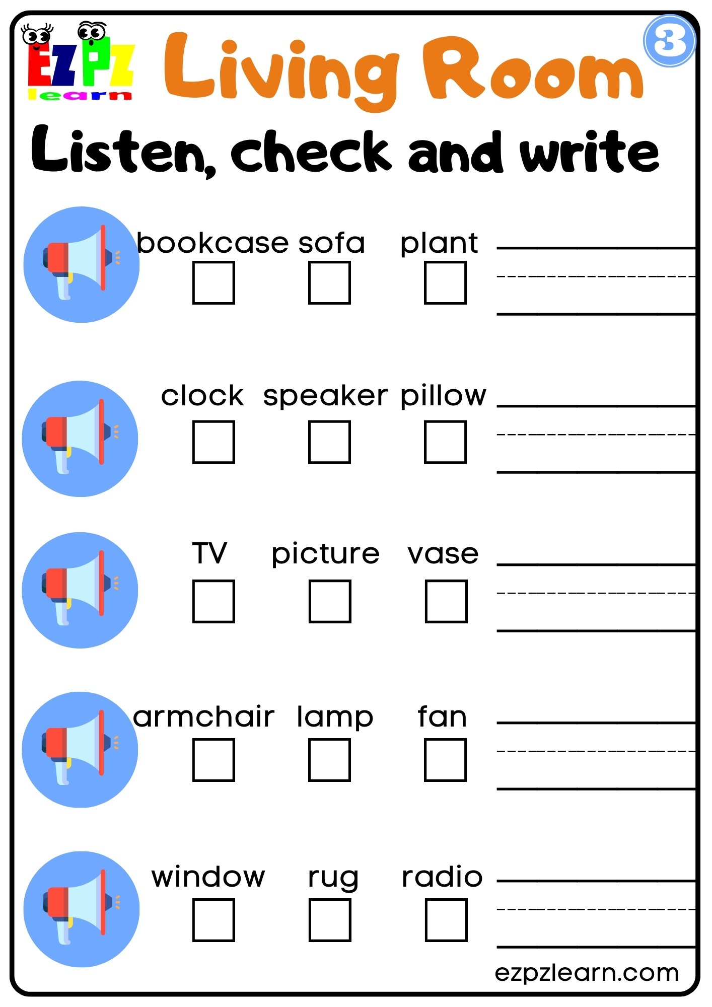 Living Room Vocabulary Interactive Worksheet Listen, Check and Write ...