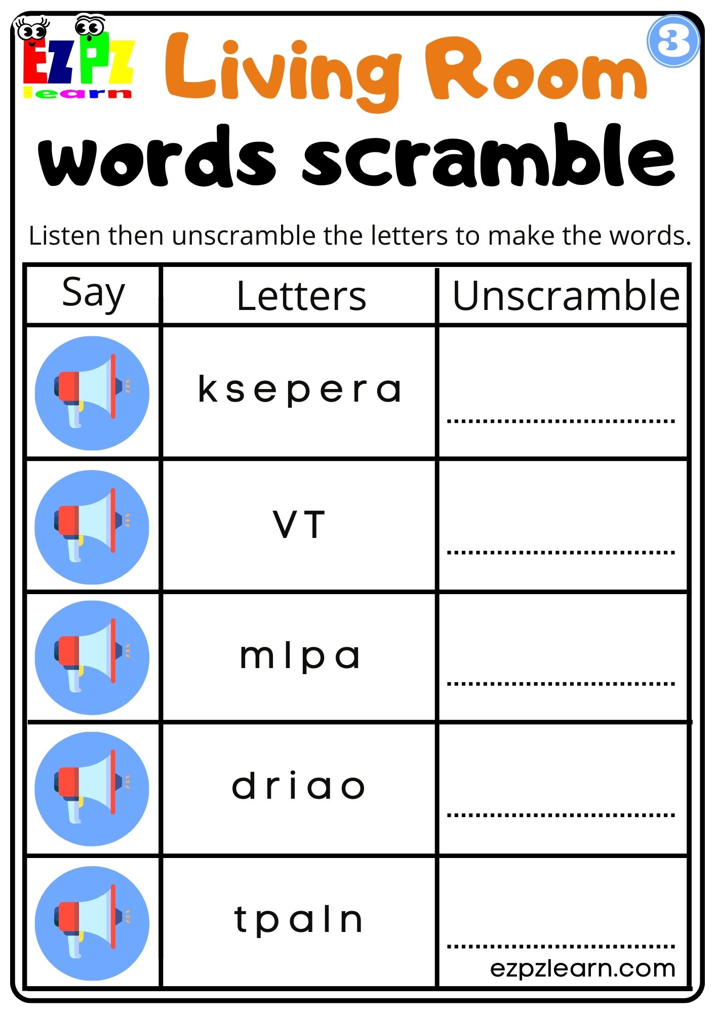Living Room Vocabulary Interactive Worksheet Listen, Unscramble and ...