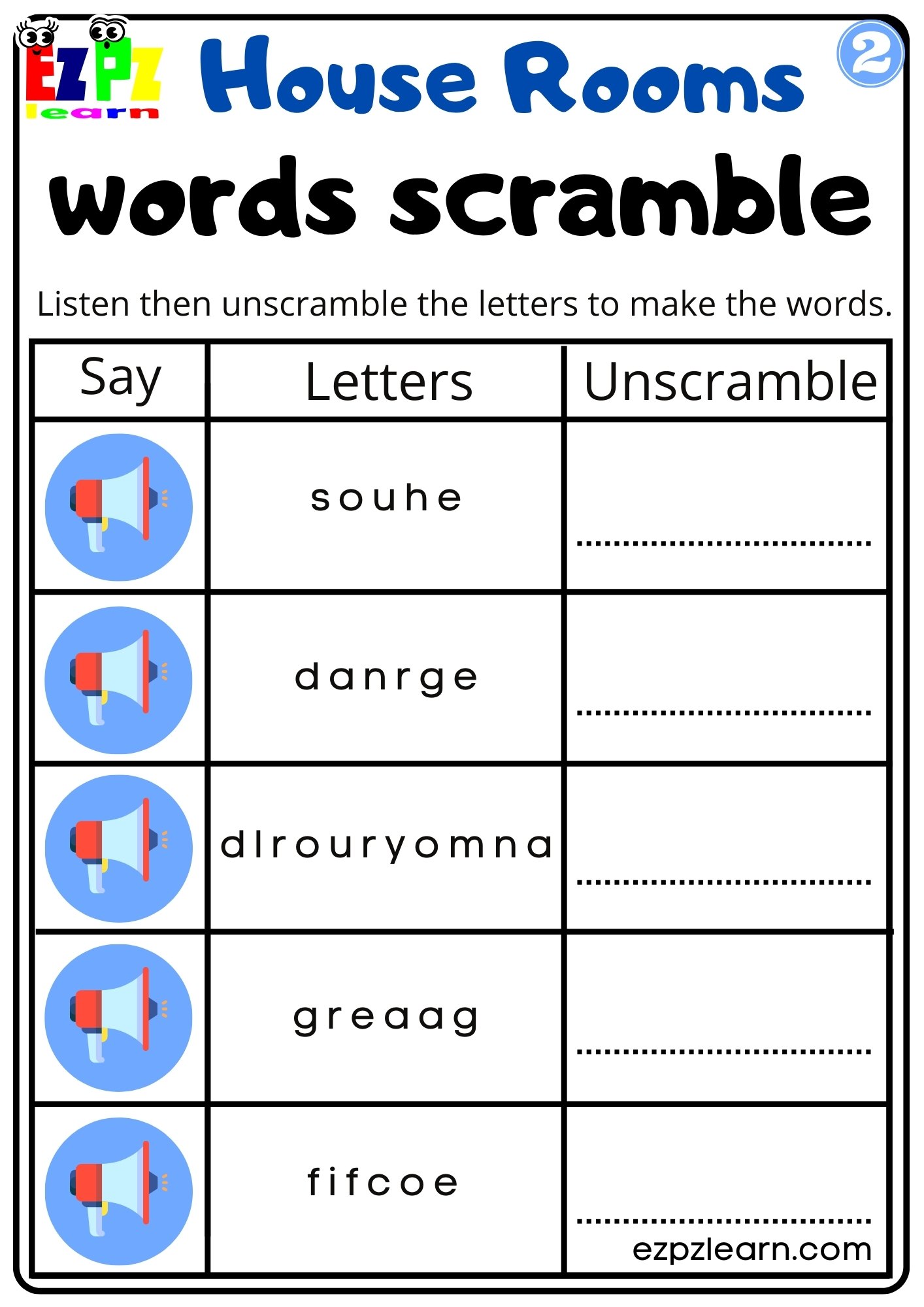 House Rooms Interactive Vocabulary Activity Listen, Unscramble and ...