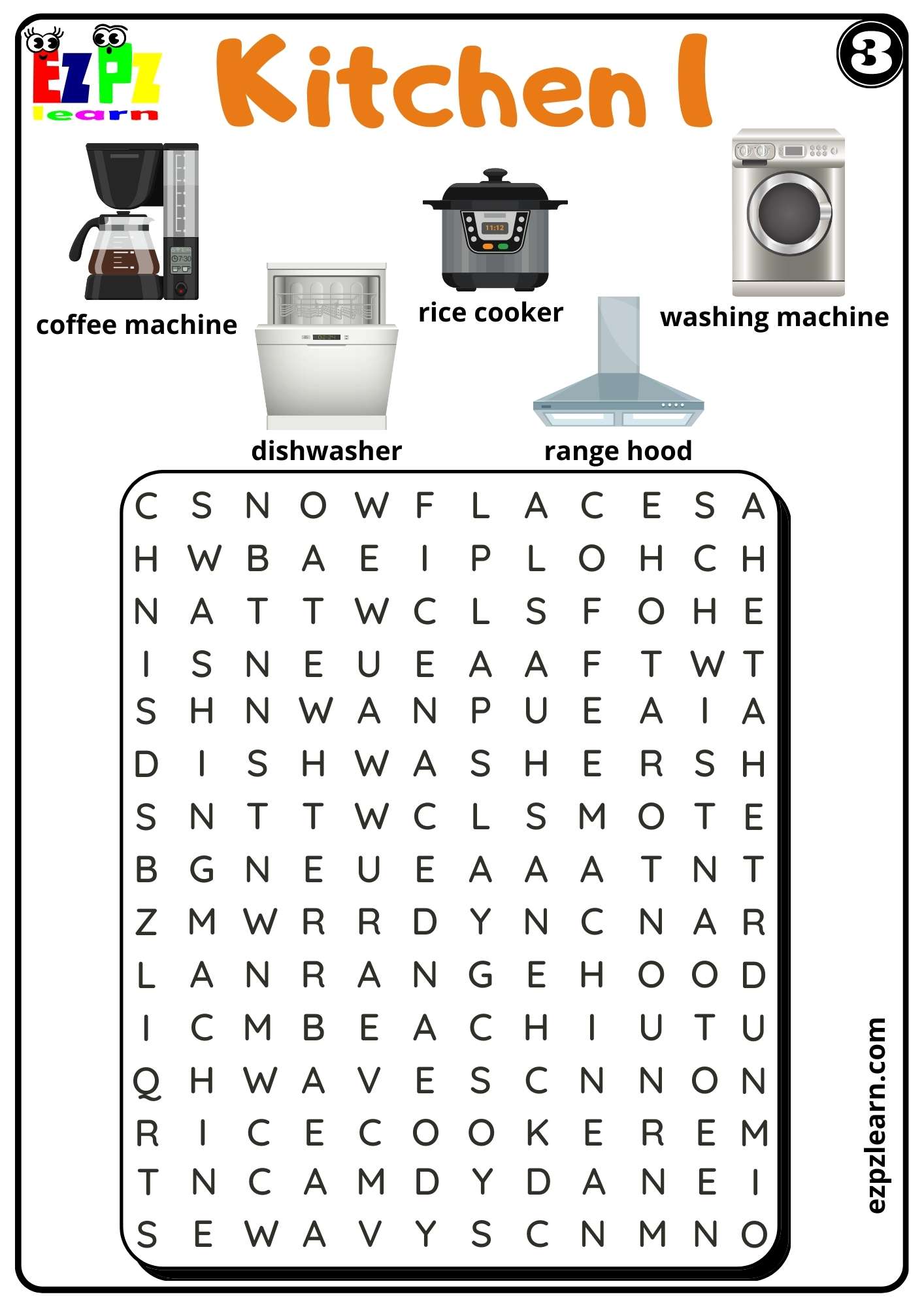 Kitchen Appliances Word Search Worksheet Set 3 for ESL and Homeschool ...