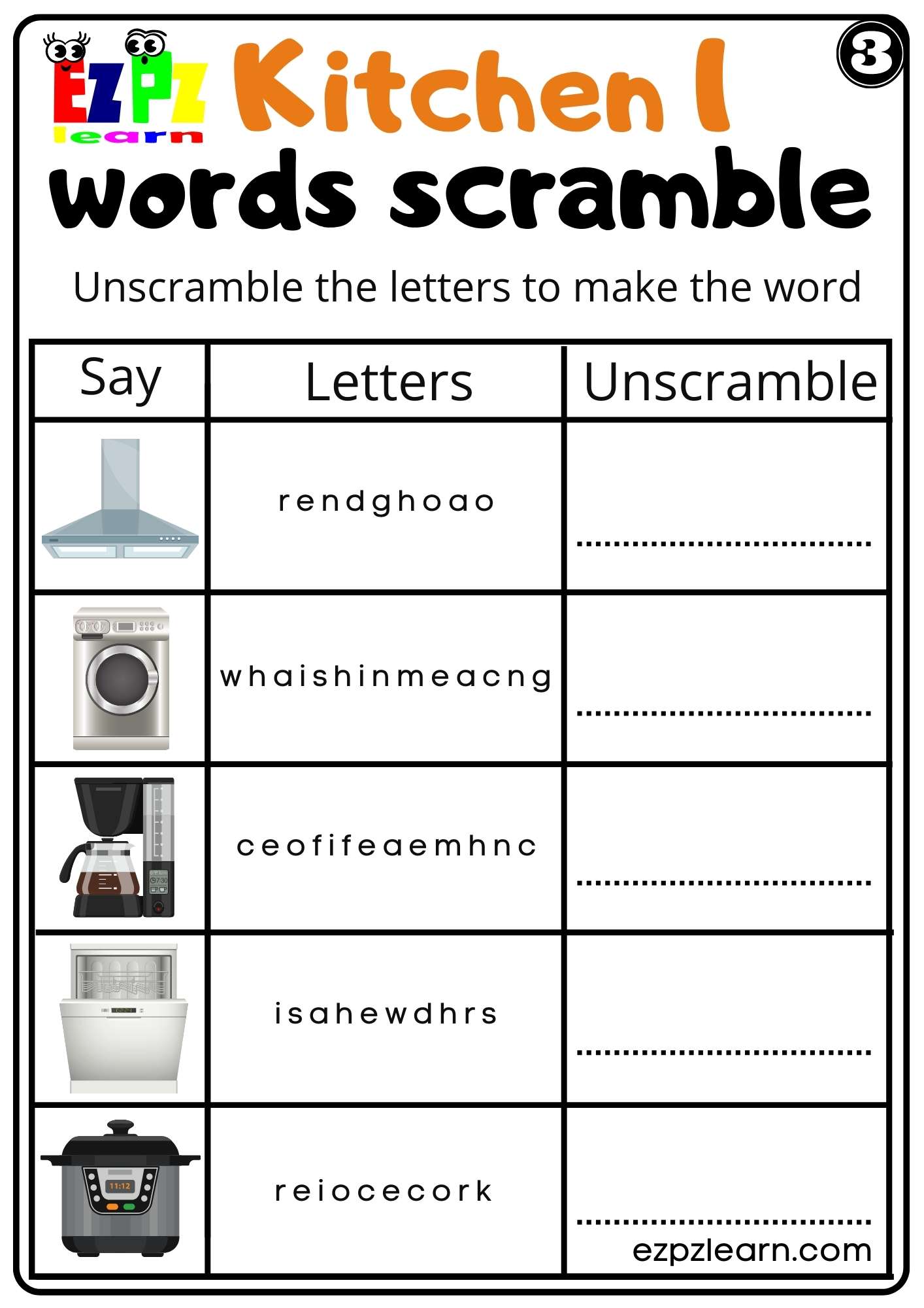 Kitchen Appliances Word Scramble Worksheet Set 3 for ESL and Homeschool ...