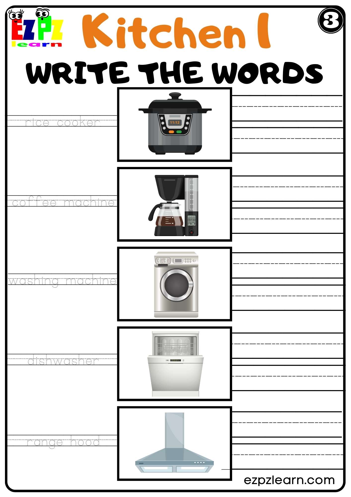 Kitchen Appliances Write the Words Worksheet Set 3 for ESL and ...