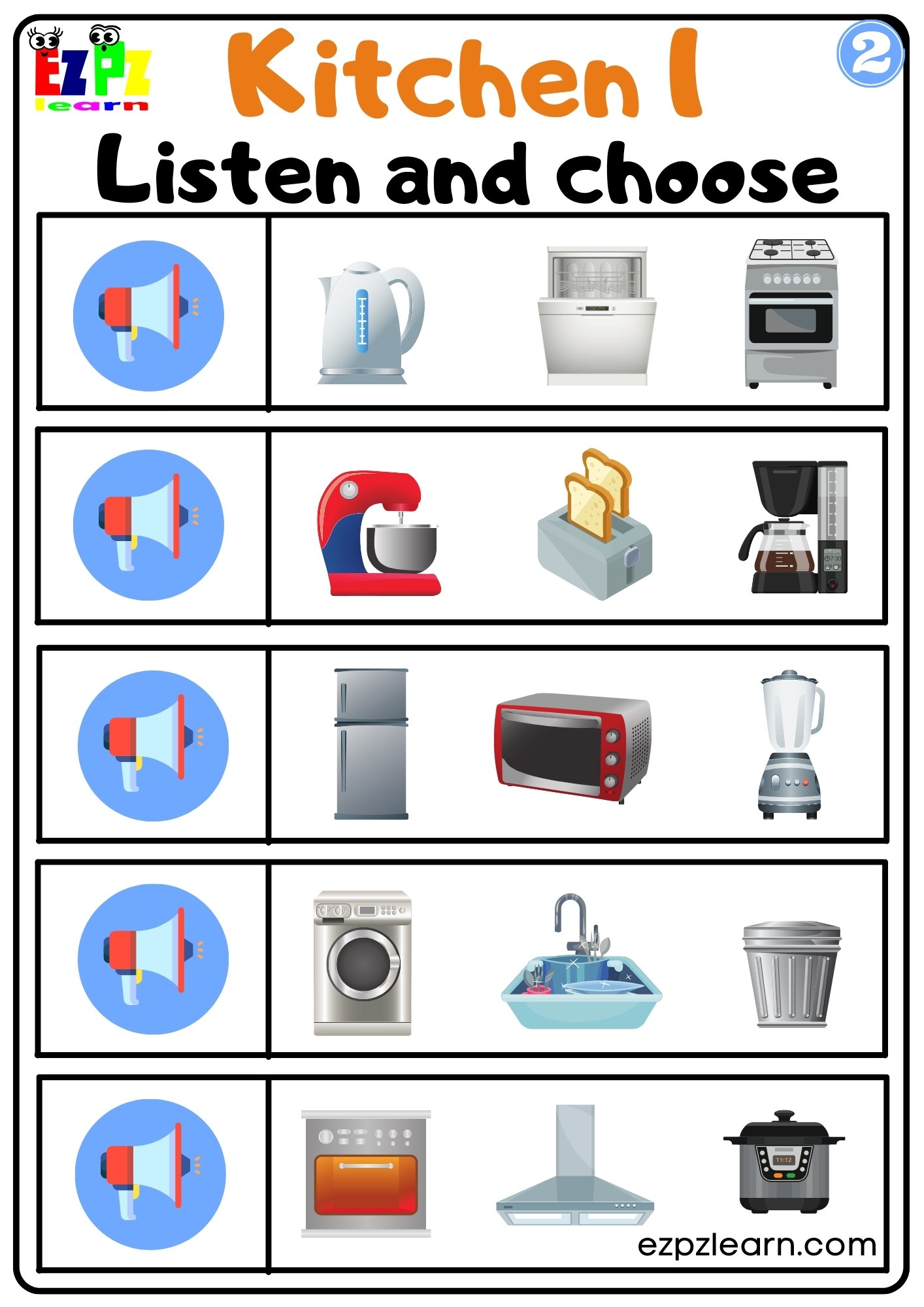 Kitchen Appliances Interactive Vocabulary Worksheet Listen and Choose ...