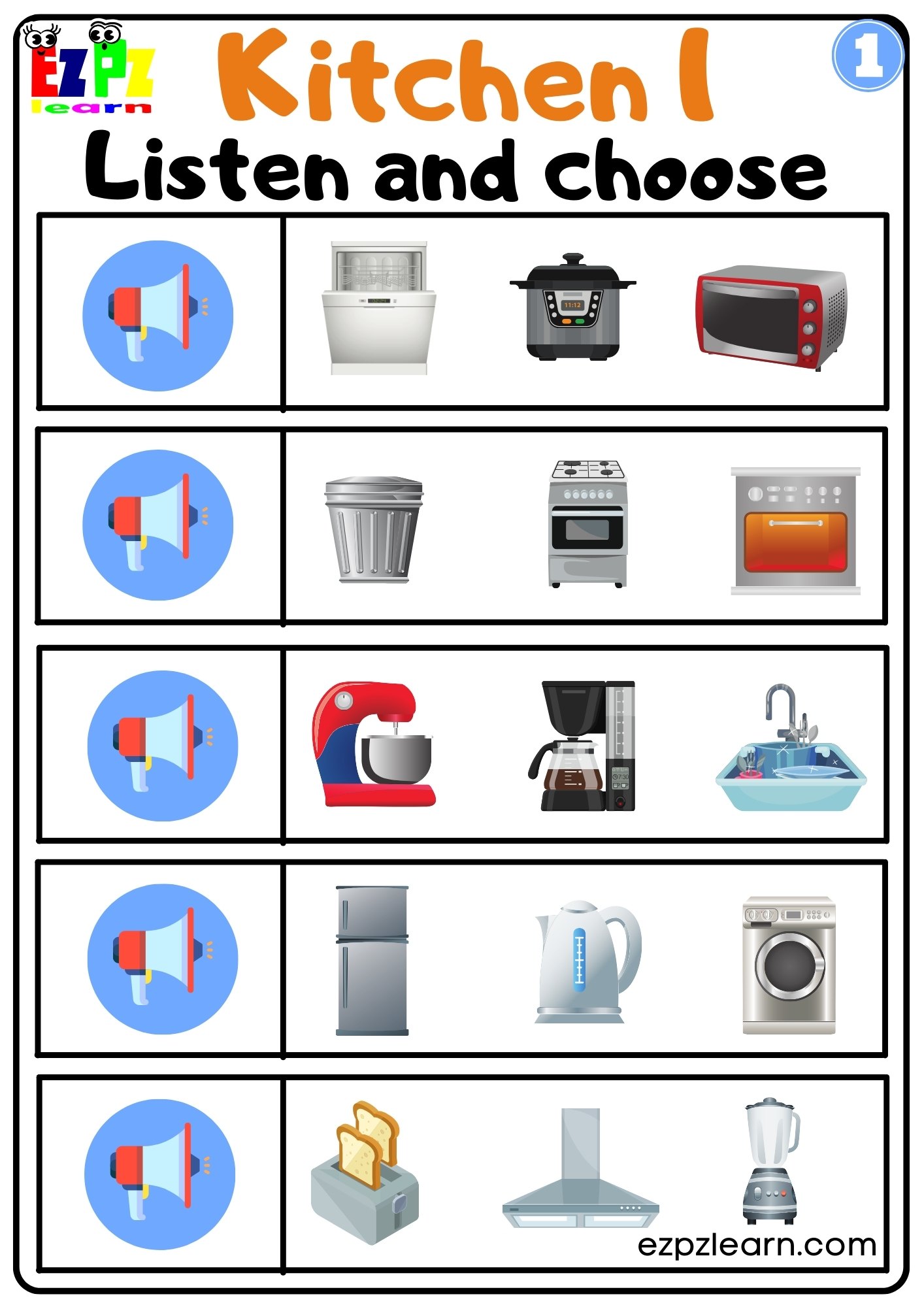 Kitchen Appliances Interactive Vocabulary Worksheet Listen and Choose ...