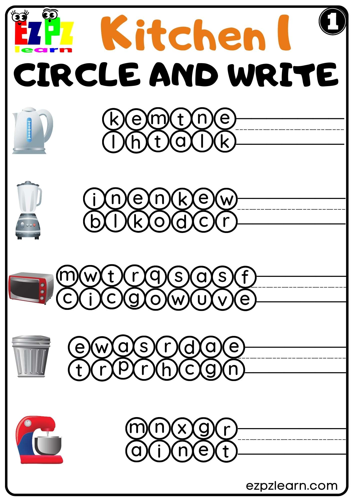 Kitchen Appliances Circle and Write Worksheet for ESL Free PDF Download ...