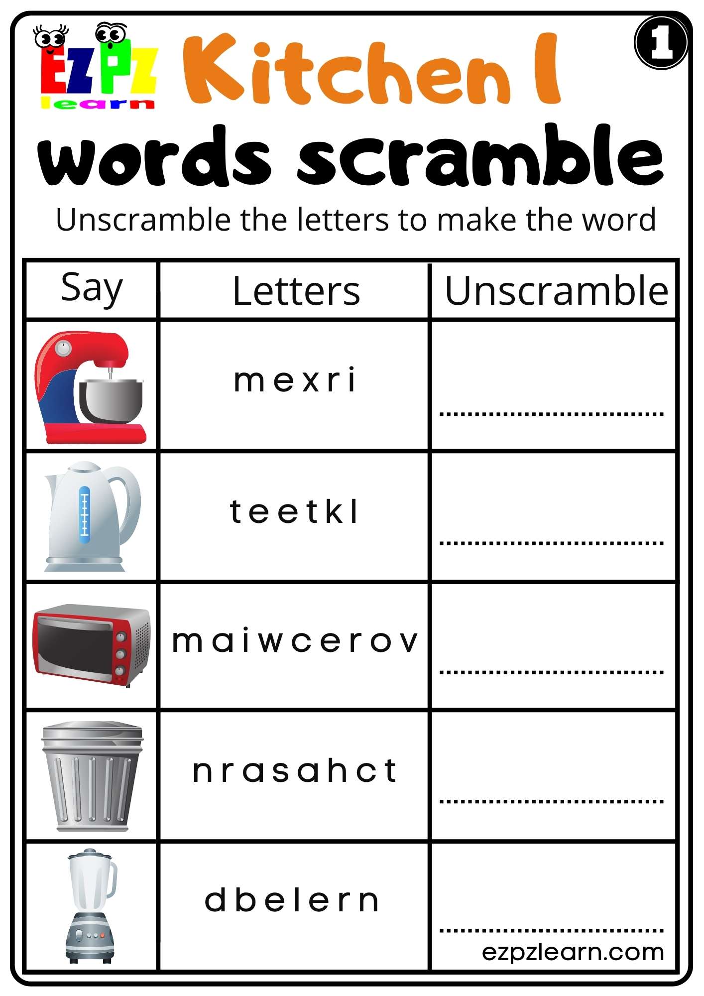 Kitchen Appliances Words Scramble Worksheet for ESL Free PDF Download ...