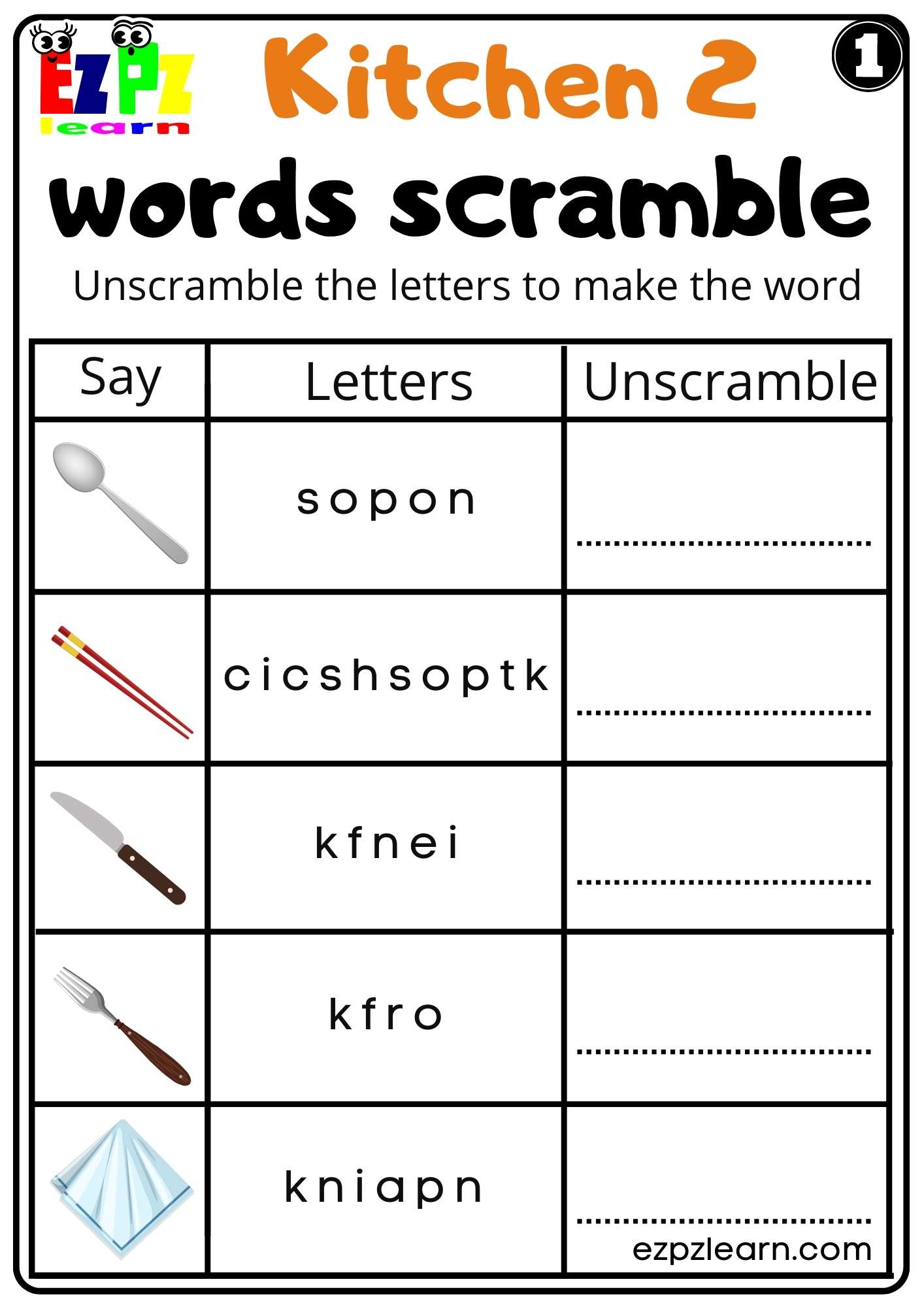 Kitchen Utensils Words Scramble Worksheet for ESL and Homeschool ...