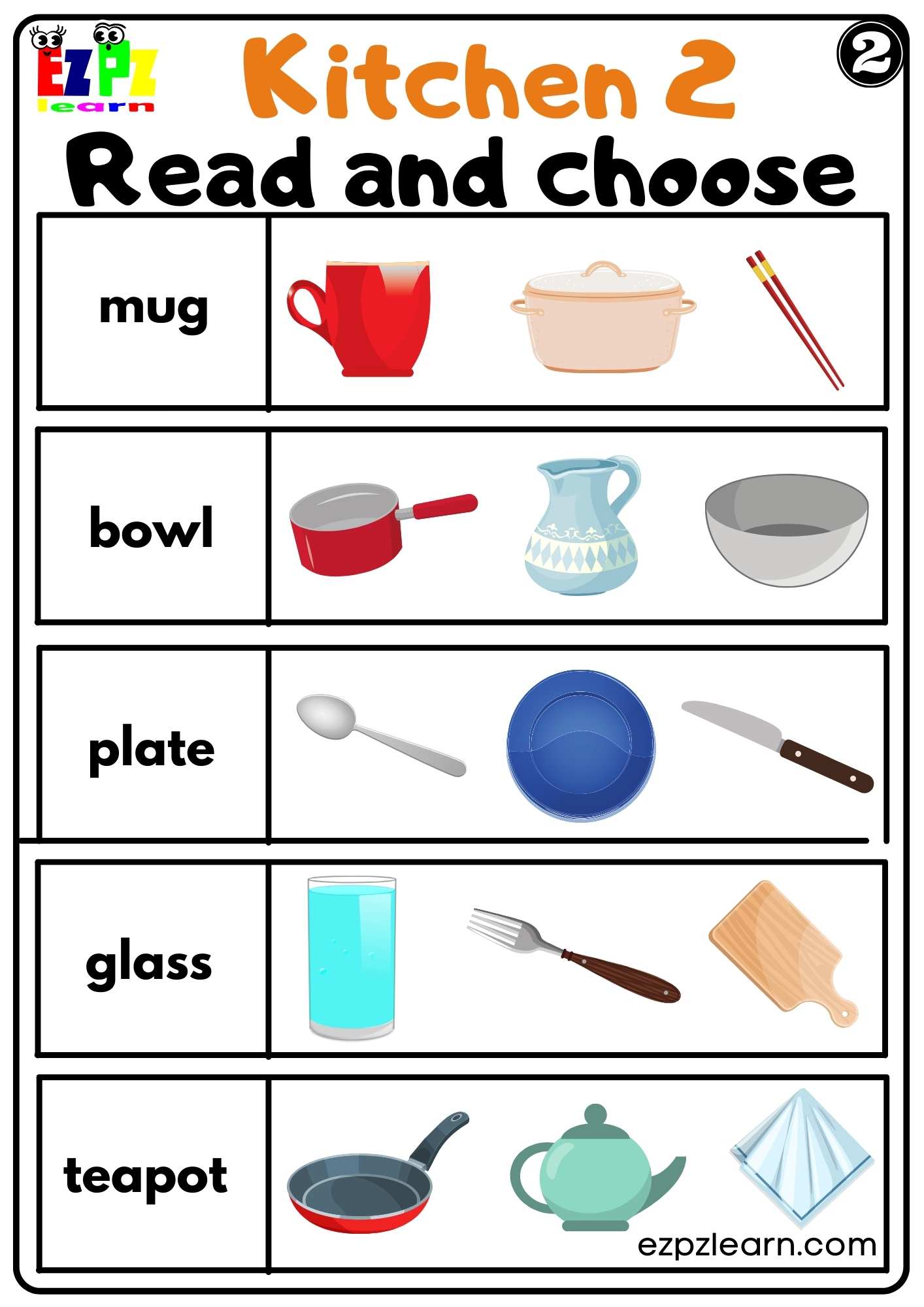 Kitchen Utensils Read and Choose Worksheet for K5 Homeschool and ESL ...