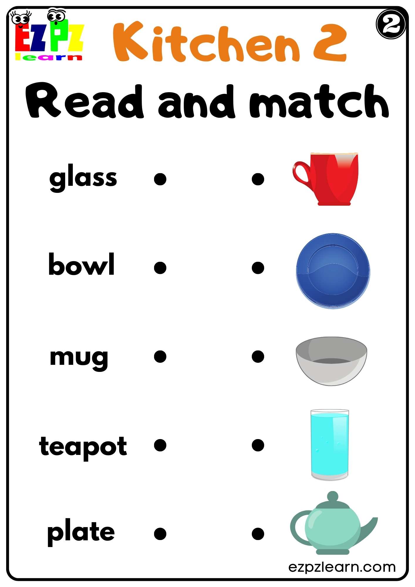 Kitchen Utensils Read and Match Worksheet for K5 Homeschool and ESL ...