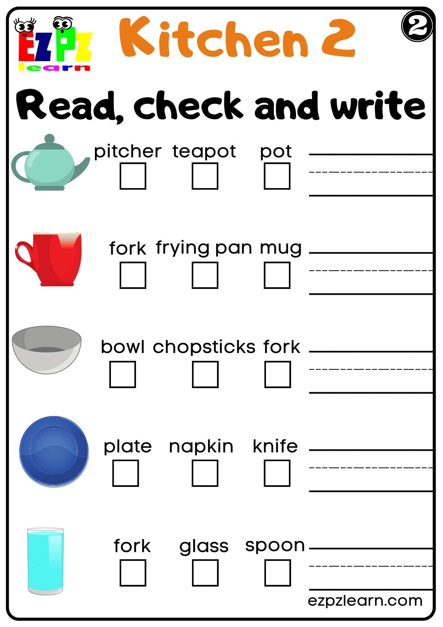 Kitchen Utensils Read Check and Write Worksheet for K5 Homeschool and ...