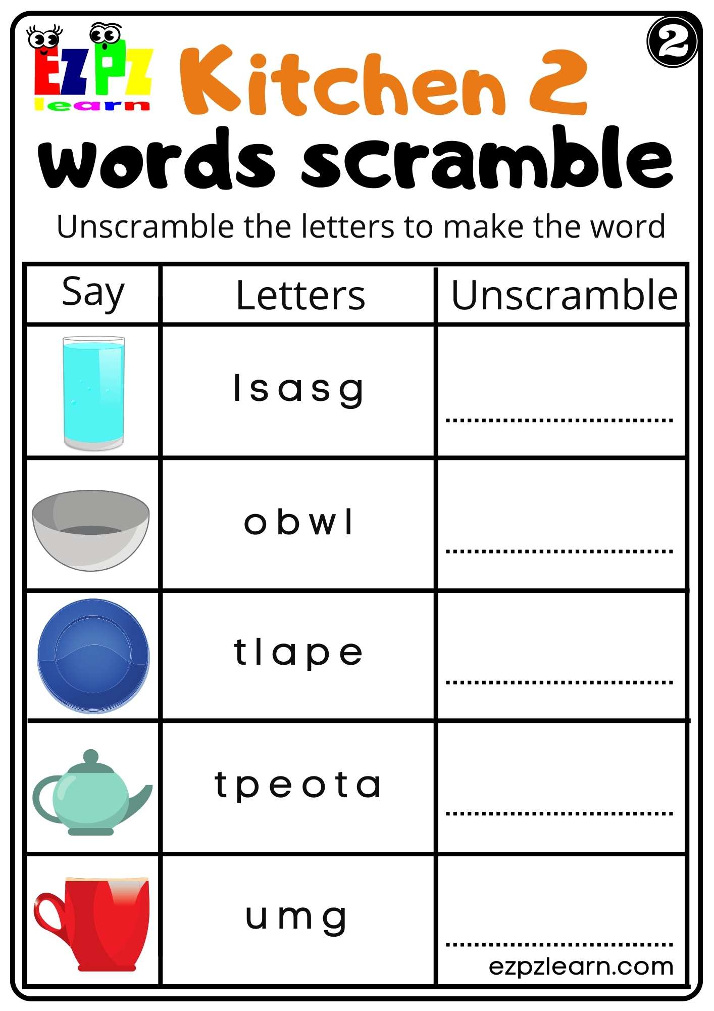 Kitchen Utensils Words Scramble Worksheet for K5 Homeschool and ESL ...
