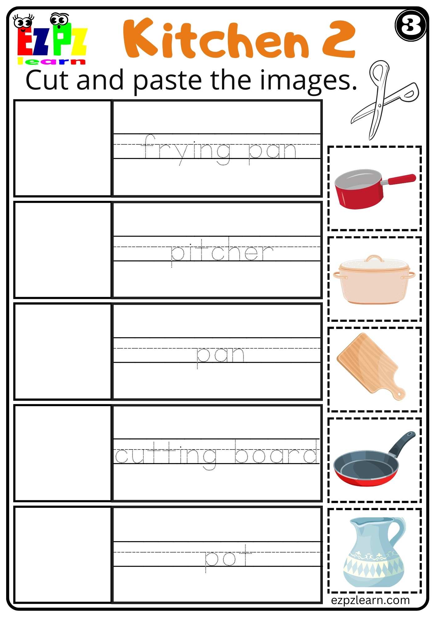 Kitchen Utensils Cut and Paste Worksheet for K5 and ESL students PDF ...