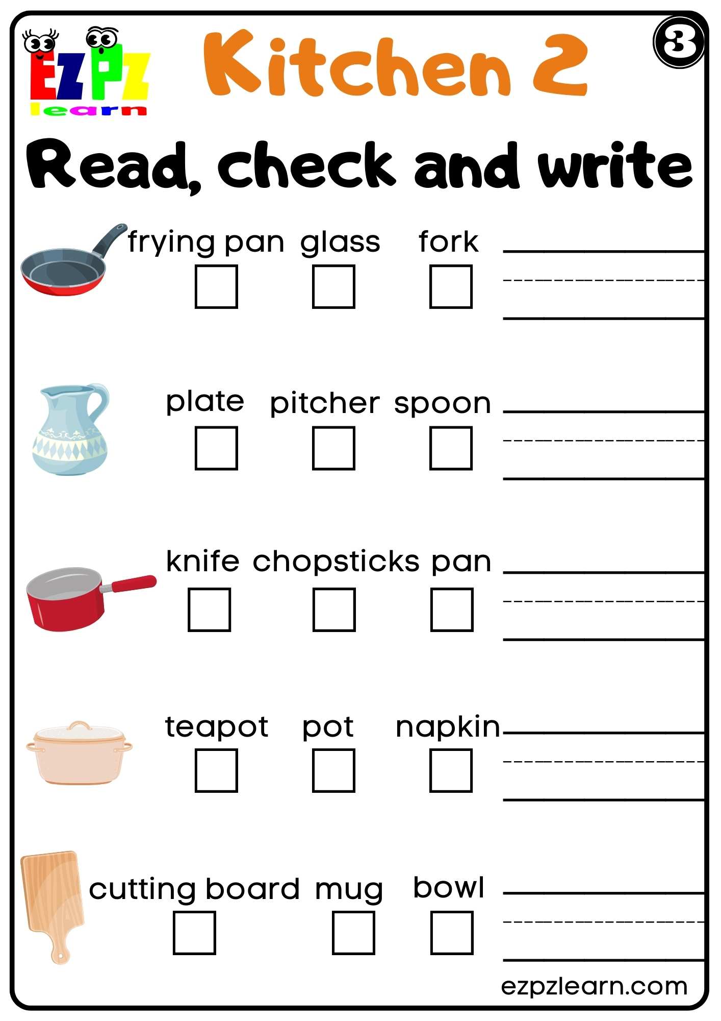 Kitchen Utensils Read Check and Write Worksheet for K5 and ESL students ...