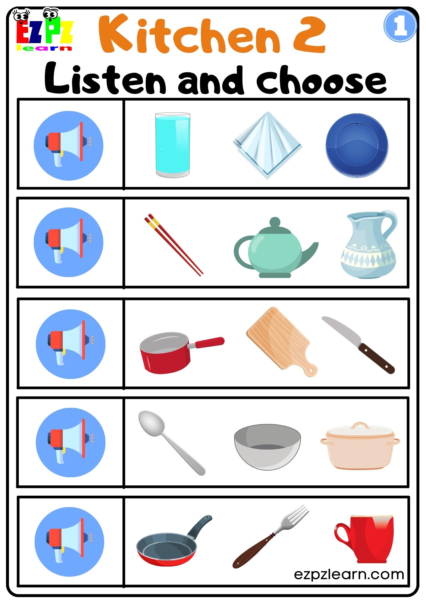 Kitchen Objects Vocabulary Interactive Worksheet Listen and Choose the ...