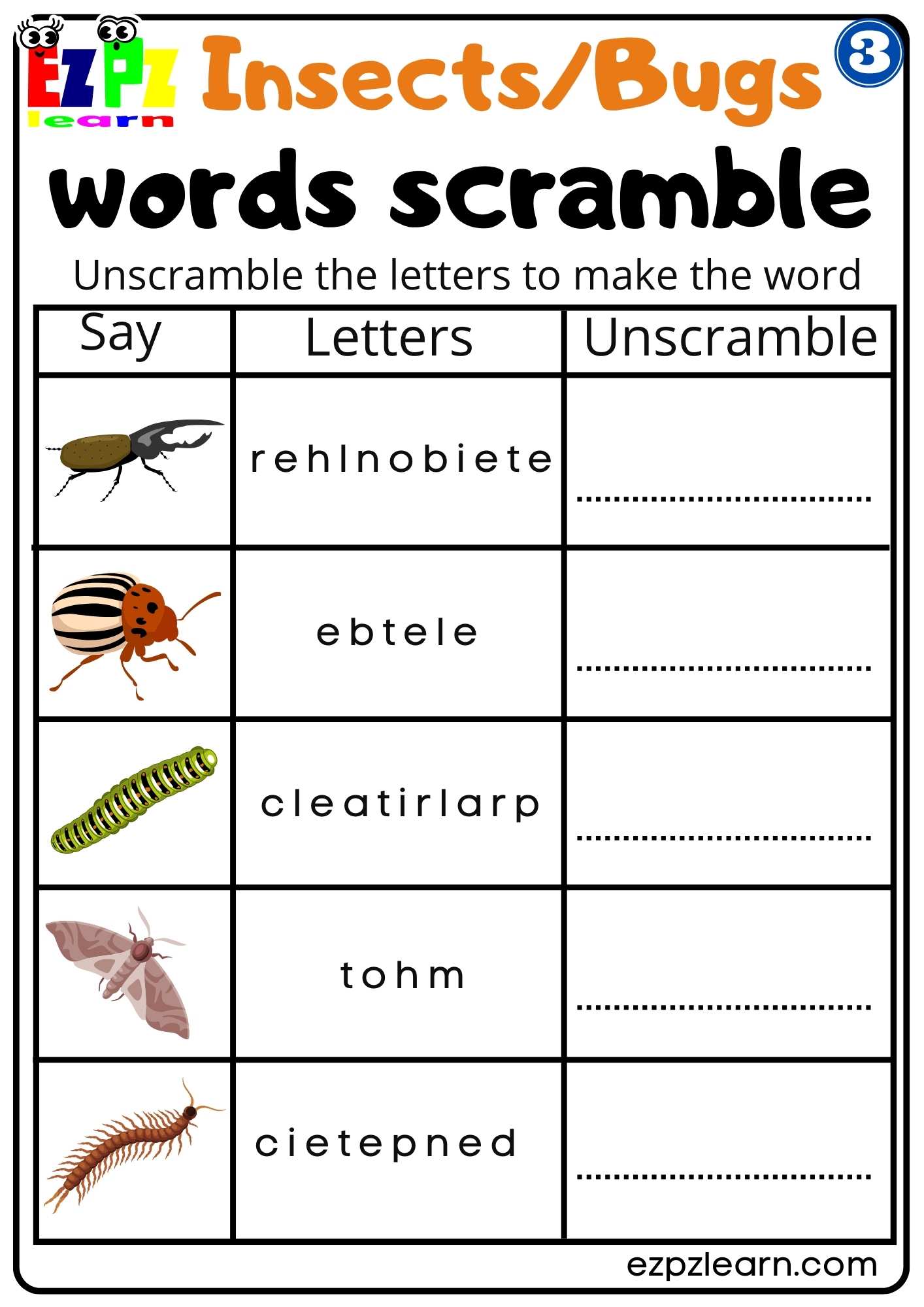 Group 3 Bugs and Insects Word Scramble Worksheet PDF Download For ...
