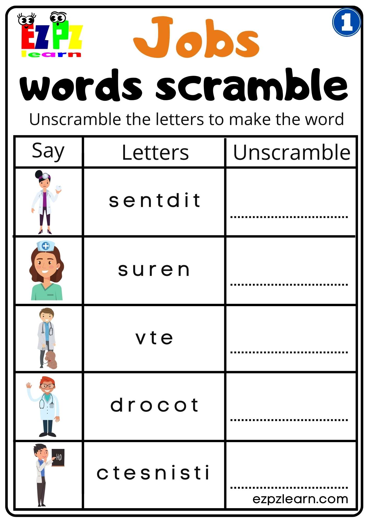 G1 Jobs Words Scramble Worksheet for K5 and ESL Students Free PDF ...