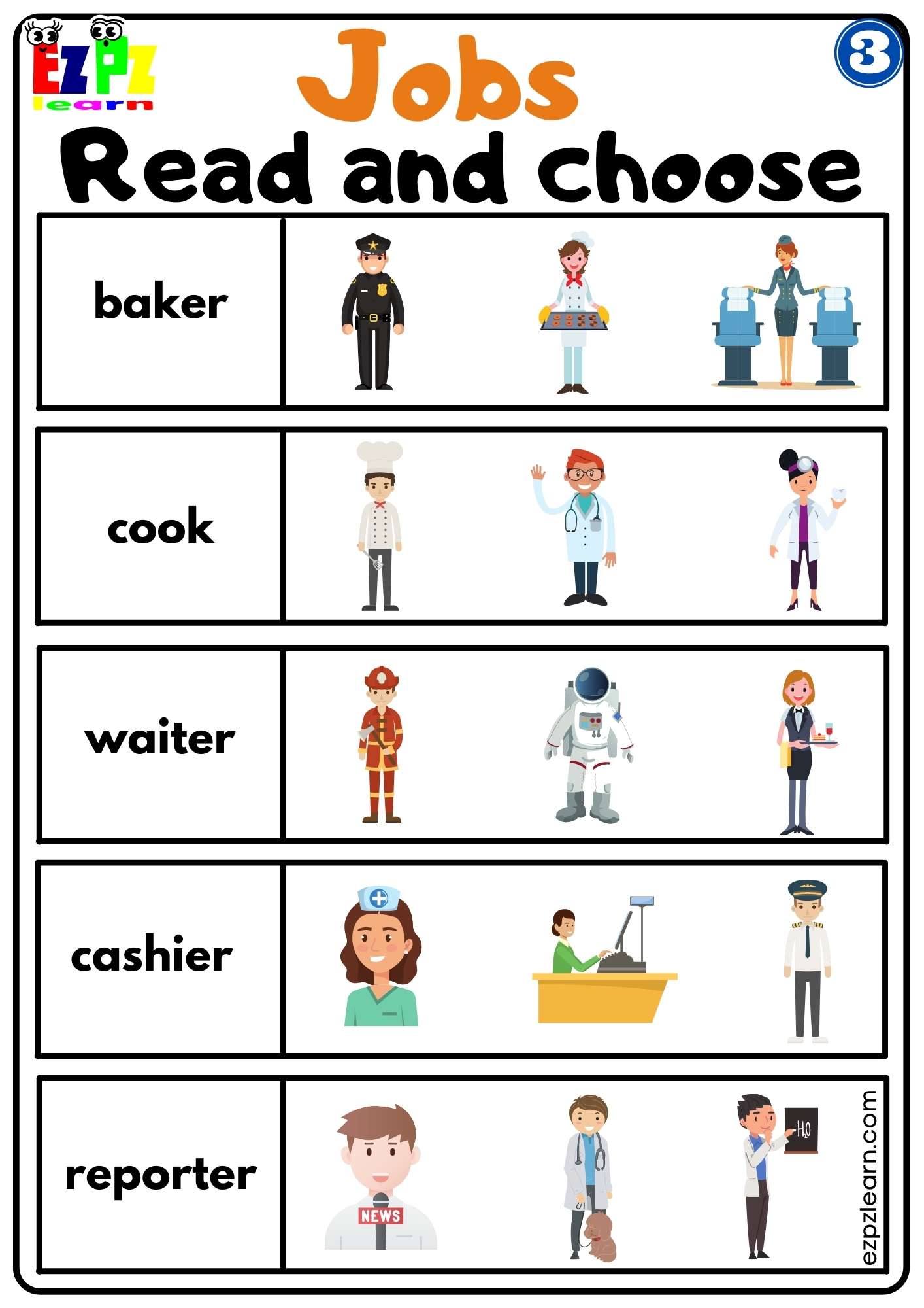 G3 Careers Jobs Read and Choose Worksheet for ESL and K5 Students PDF ...