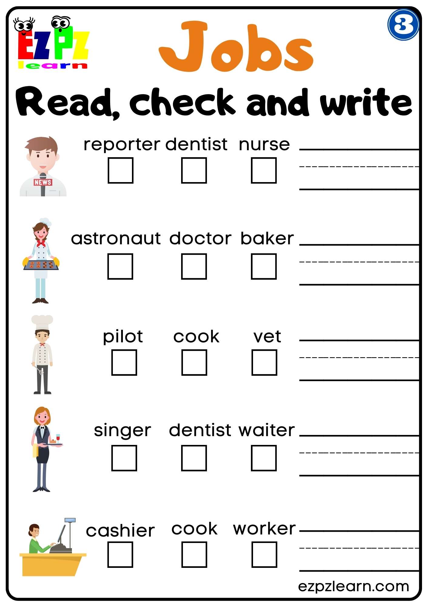 G3 Careers Jobs Read Check and Write Worksheet for ESL and K5 Students ...