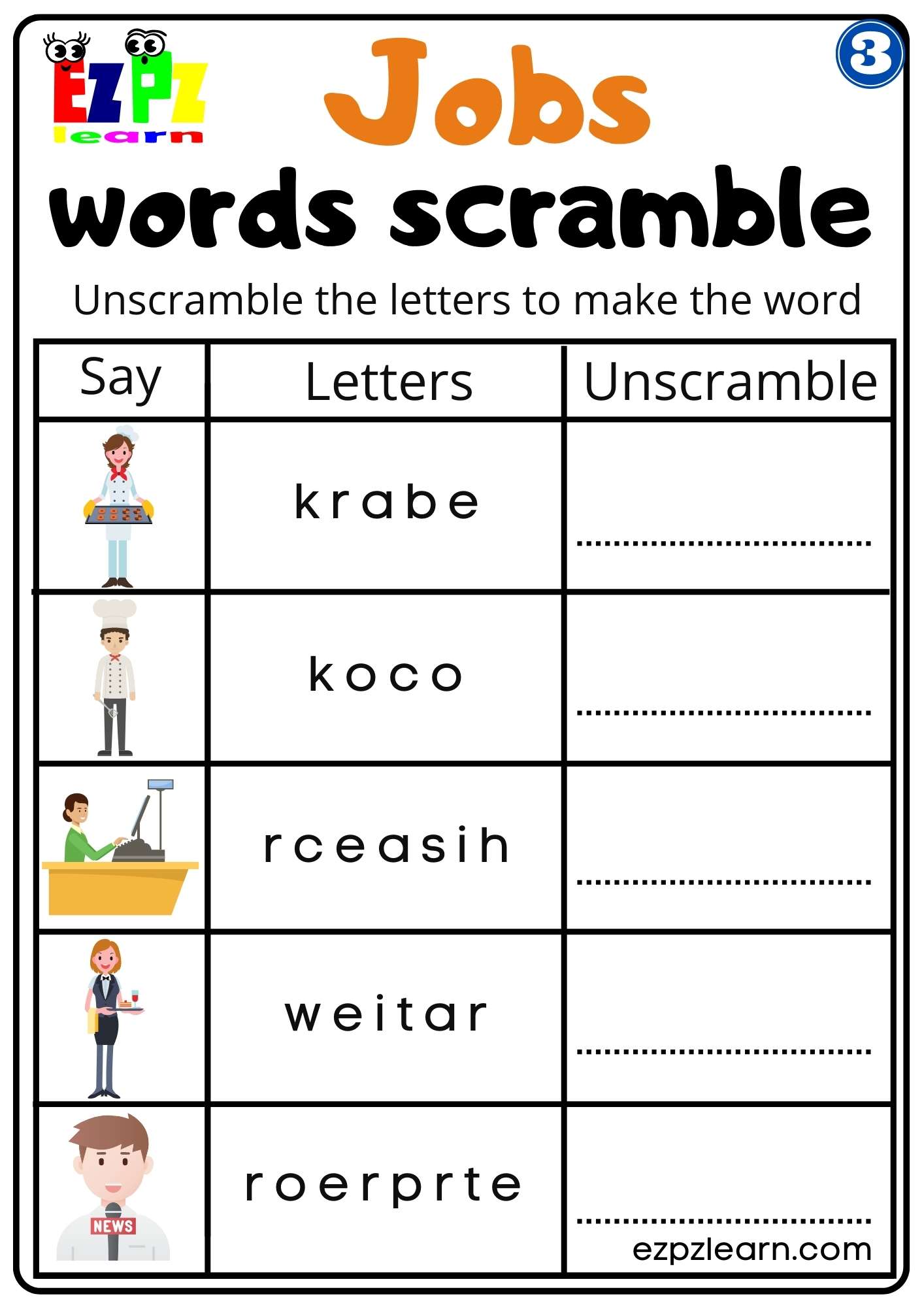 G3 Careers Jobs Words Scramble Worksheet for ESL and K5 Students PDF ...