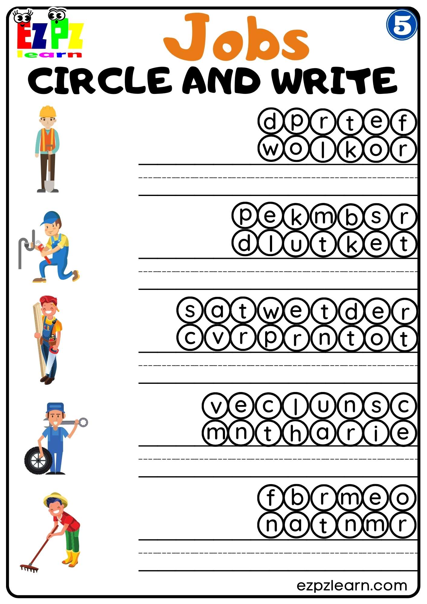 G5 Jobs Careers Circle and Write Worksheet for K5 and ESL Students PDF ...