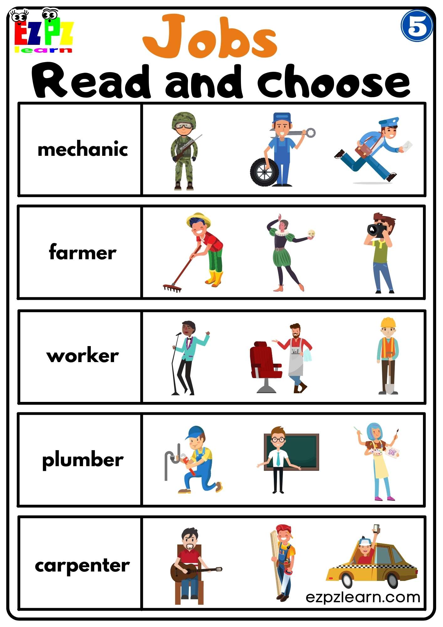 G5 Jobs Careers Read and Choose Worksheet for K5 and ESL Students PDF ...