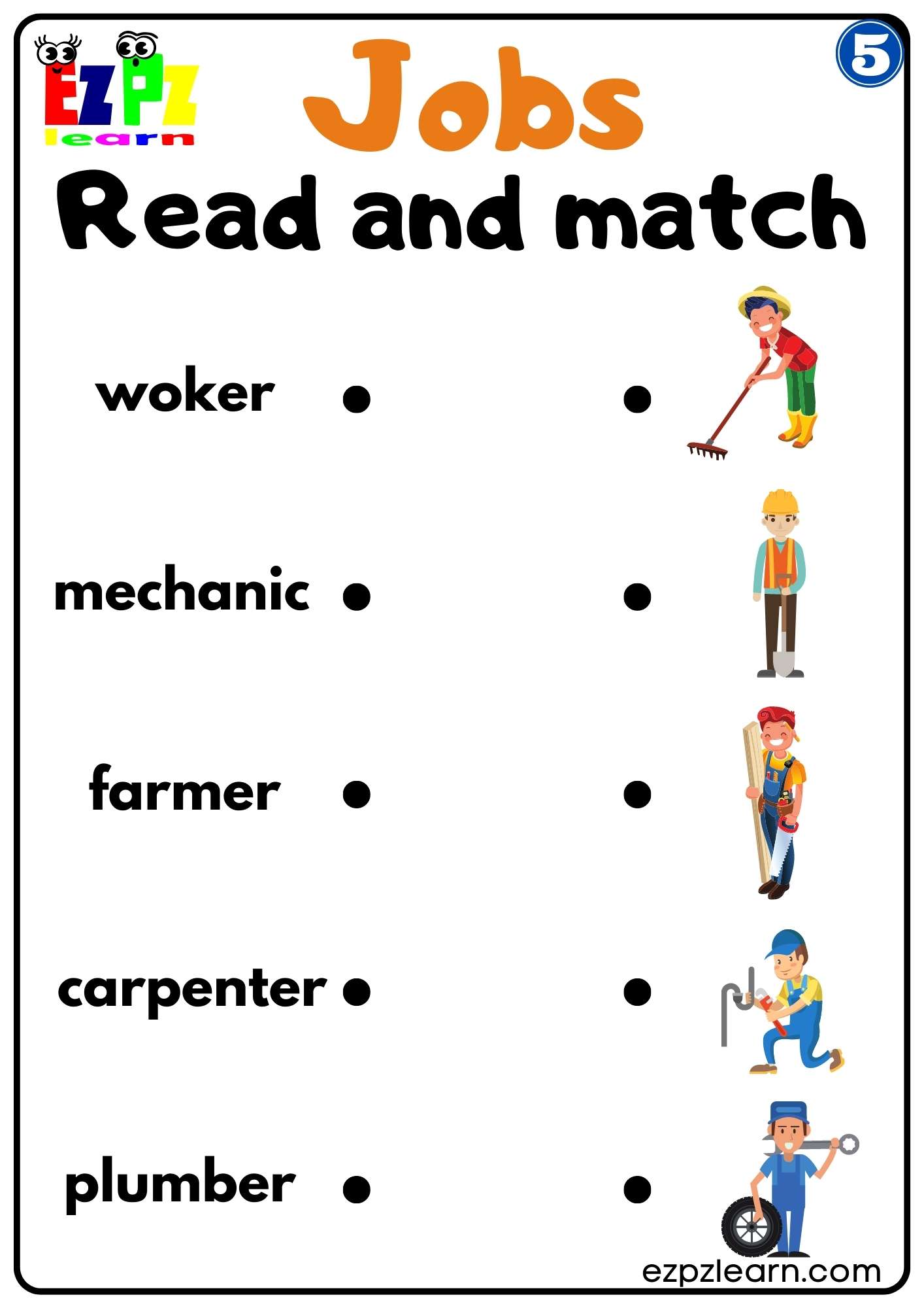 G5 Jobs Careers Read and Match Worksheet for K5 and ESL Students PDF ...