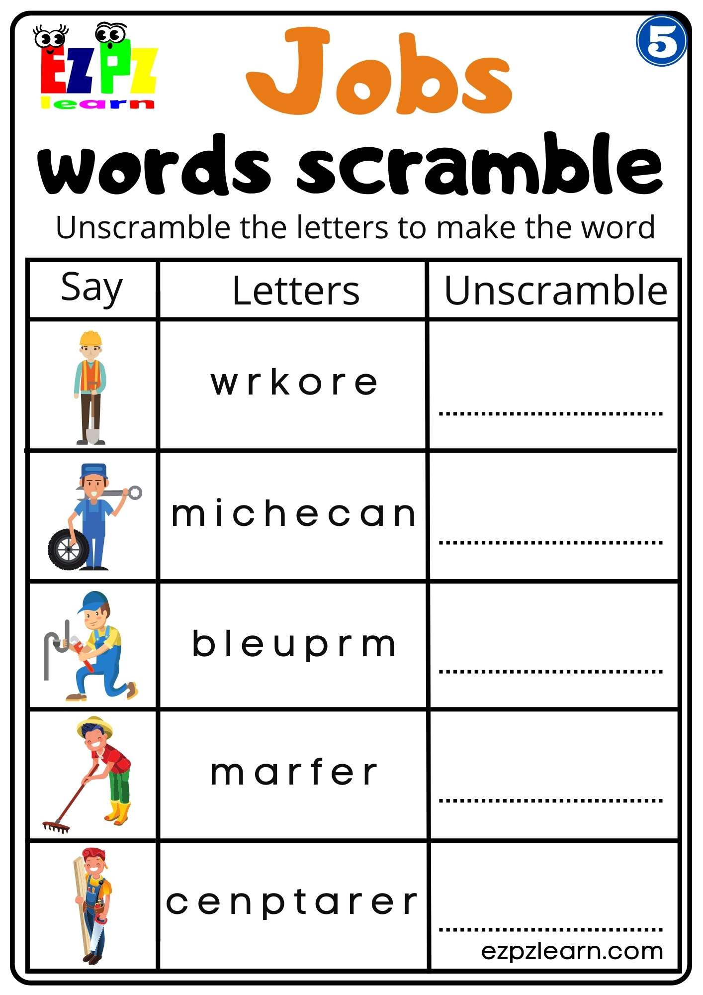 G5 Jobs Careers Words Scramble Worksheet for K5 and ESL Students PDF ...