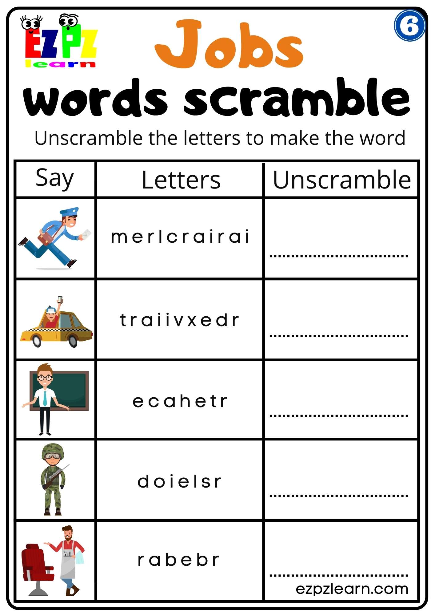 G6 Jobs Read Words Scramble Worksheet for K5 and ESL Students PDF ...