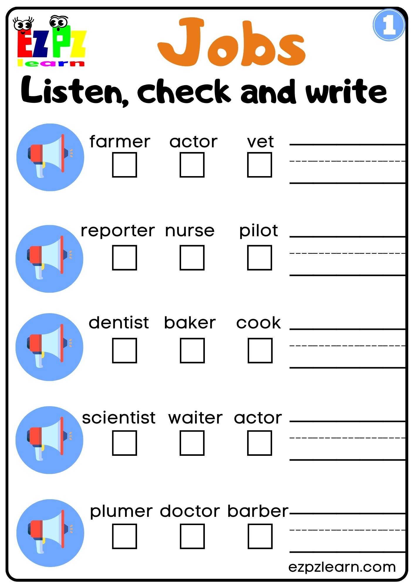 Jobs Vocabulary Interactive Worksheet Listen, Check and Write the Words ...