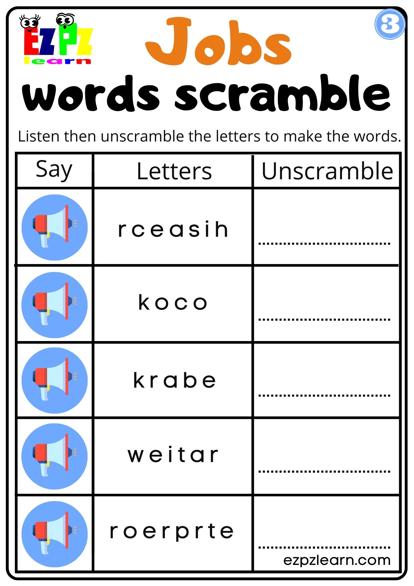 Jobs Vocabulary Interactive Worksheet Listen, Unscramble and Write the ...