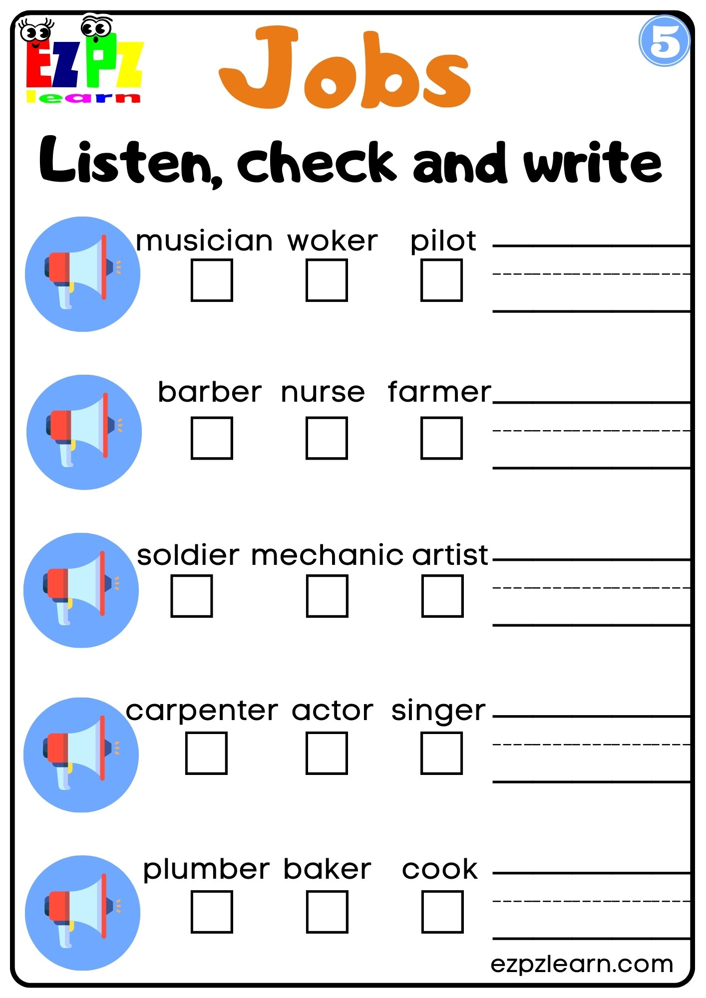 Jobs Vocabulary Interactive Worksheet Listen, Check and Write Activity ...