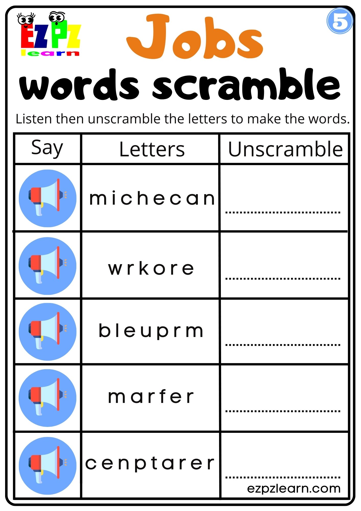 Jobs Vocabulary Interactive Worksheet Listen, Unscramble and Write the ...