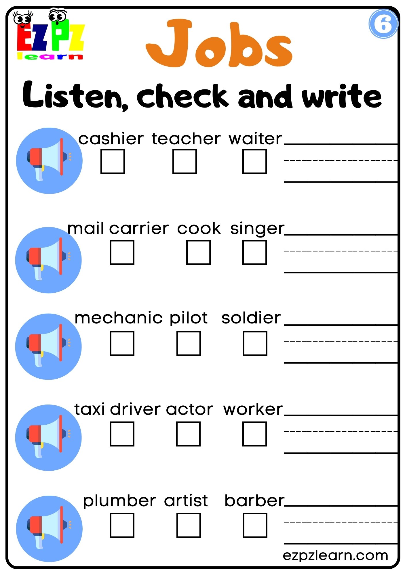 Jobs Vocabulary Interactive Worksheet Listen, Check and Write the Words ...