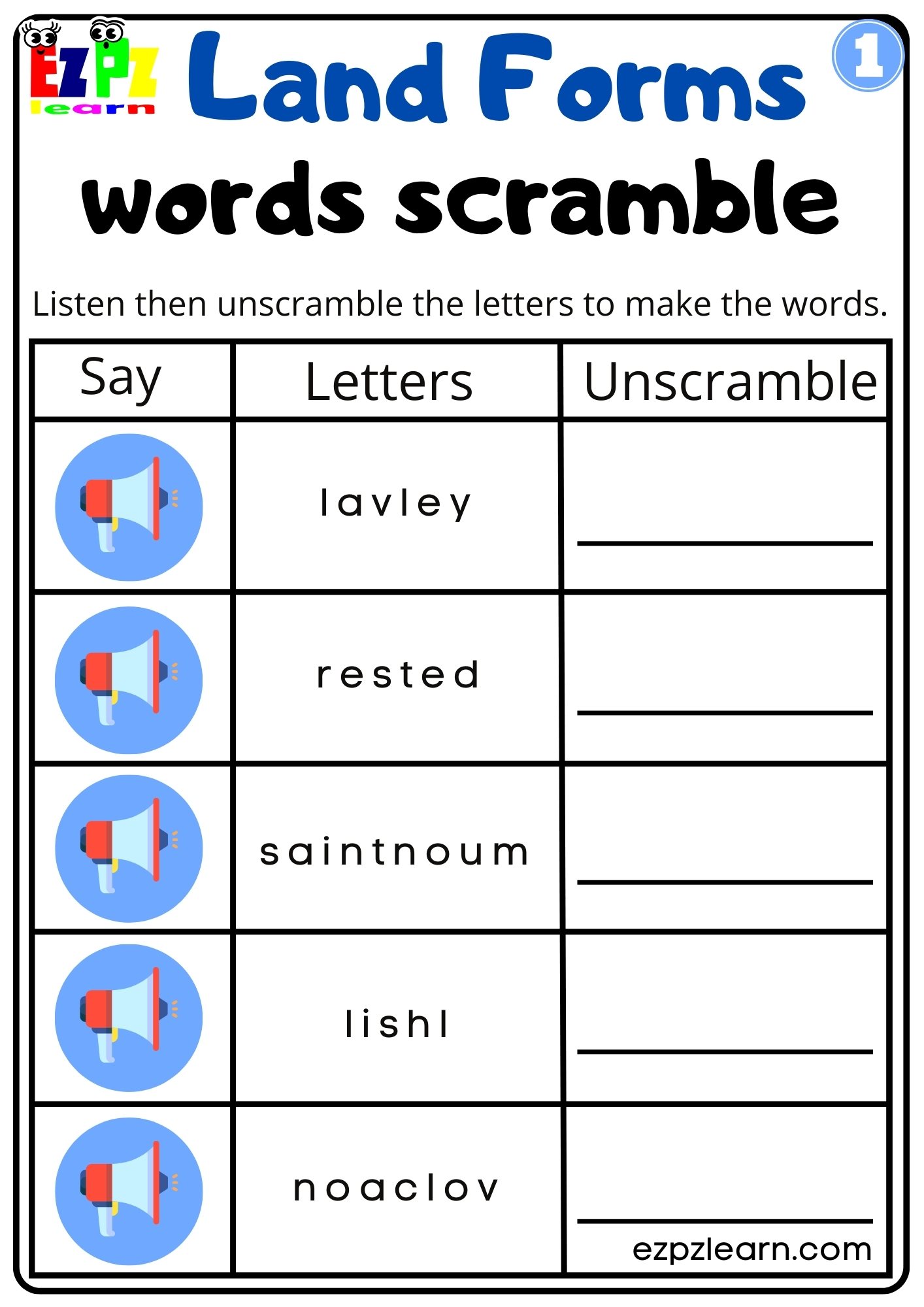 Land Forms Vocabulary Interactive Worksheet Listen, Unscramble and ...
