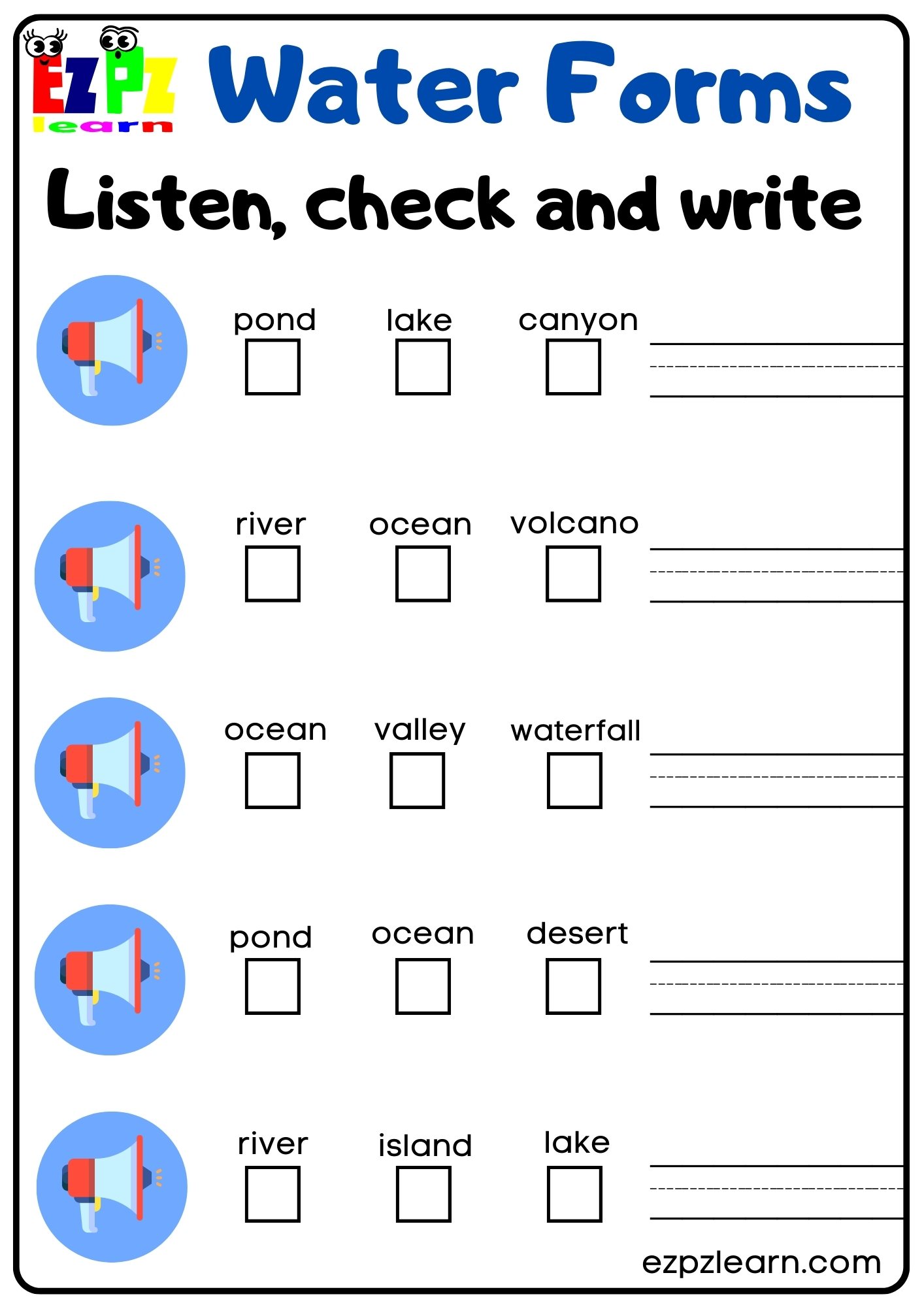 Water Forms Vocabulary Interactive Worksheet Listen, Check and Write ...