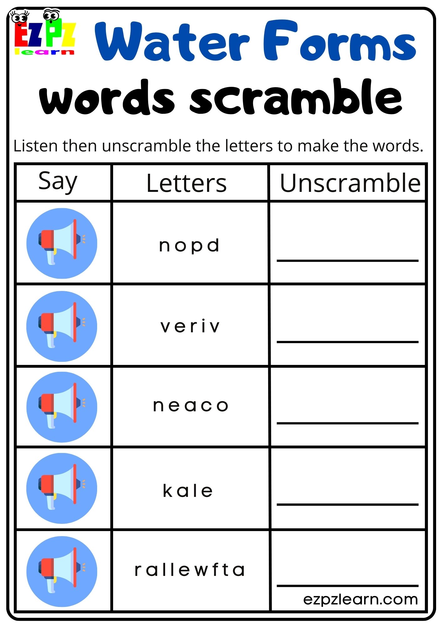 Water Forms Vocabulary Interactive Worksheet Listen, Unscramble and ...
