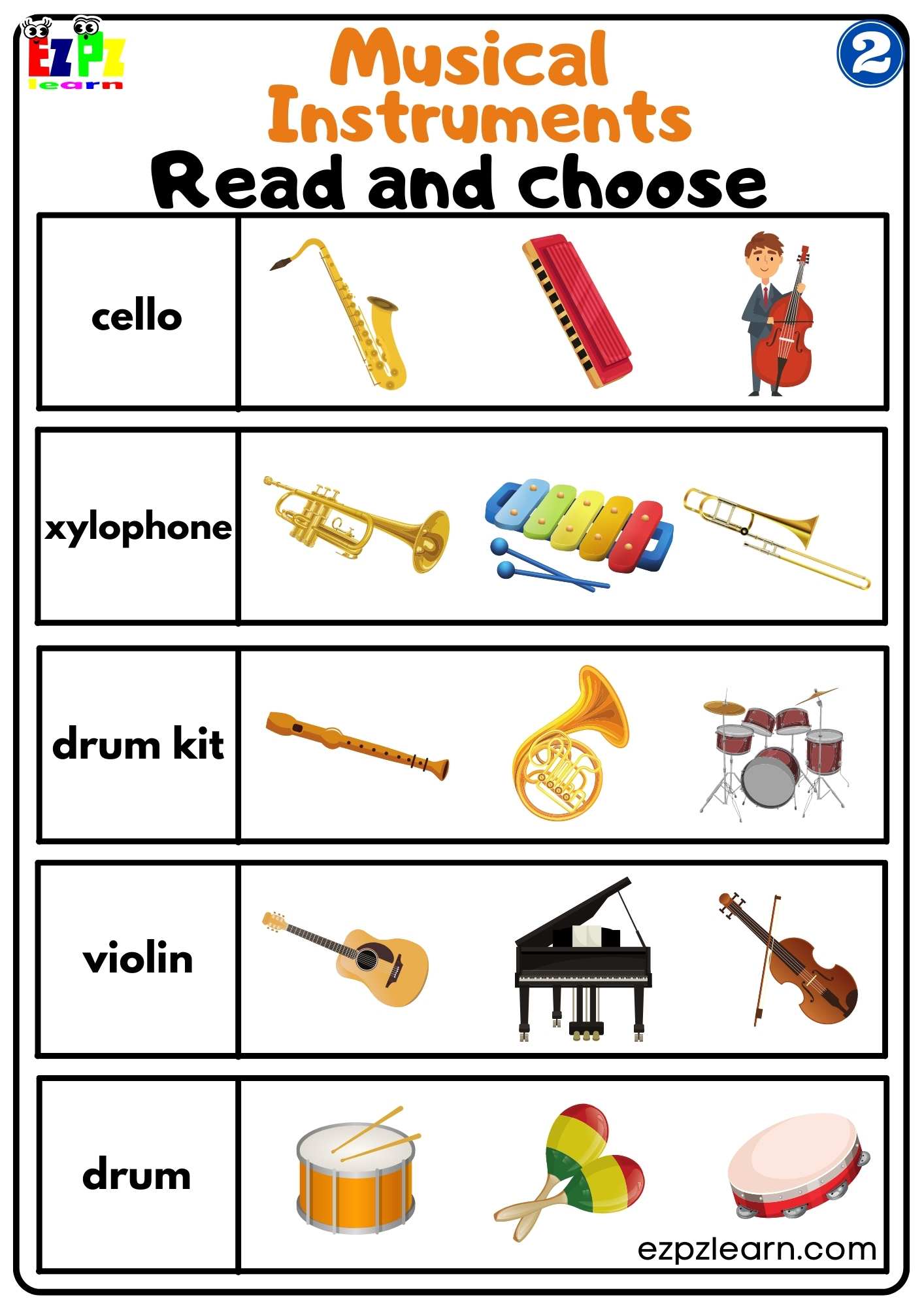 roup Two Musical Instruments Vocabulary Read and Choose Worksheet For ...