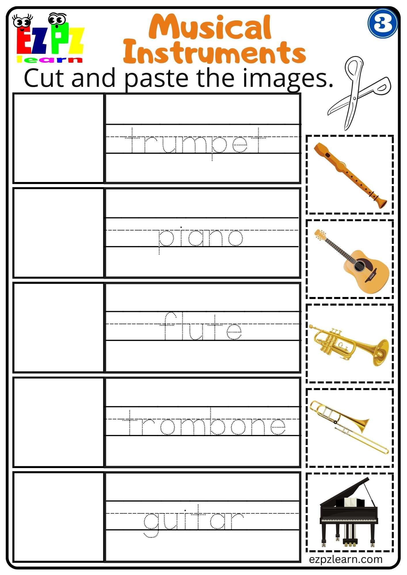 Group Three Musical Instruments Cut and Paste Worksheet For ESL and K5 ...