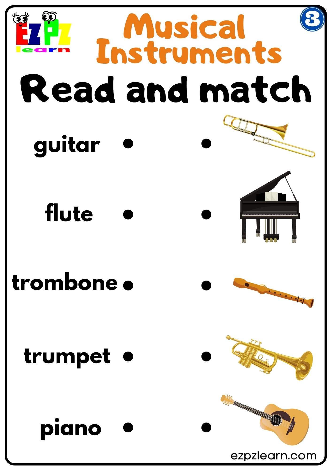 Group Three Musical Instruments Read and Match Worksheet For ESL and K5 ...