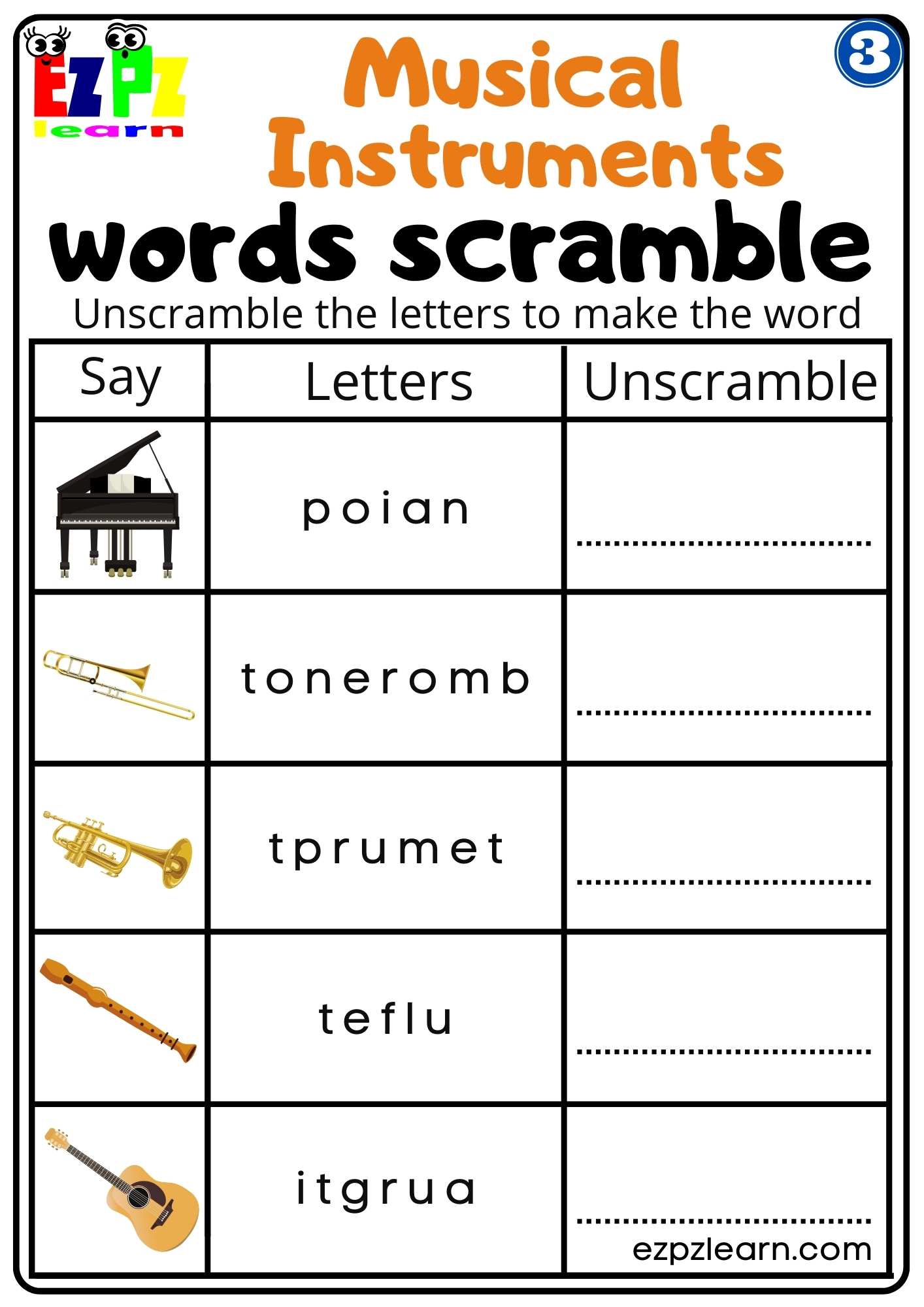 Group Three Musical Instruments Words Scramble Worksheet For ESL and K5 ...