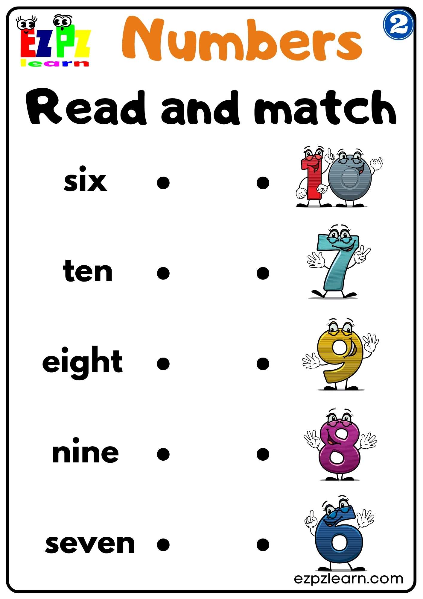 G2 Numbers Read and Match Worksheet for Kindergarten K5 and ESL PDF ...