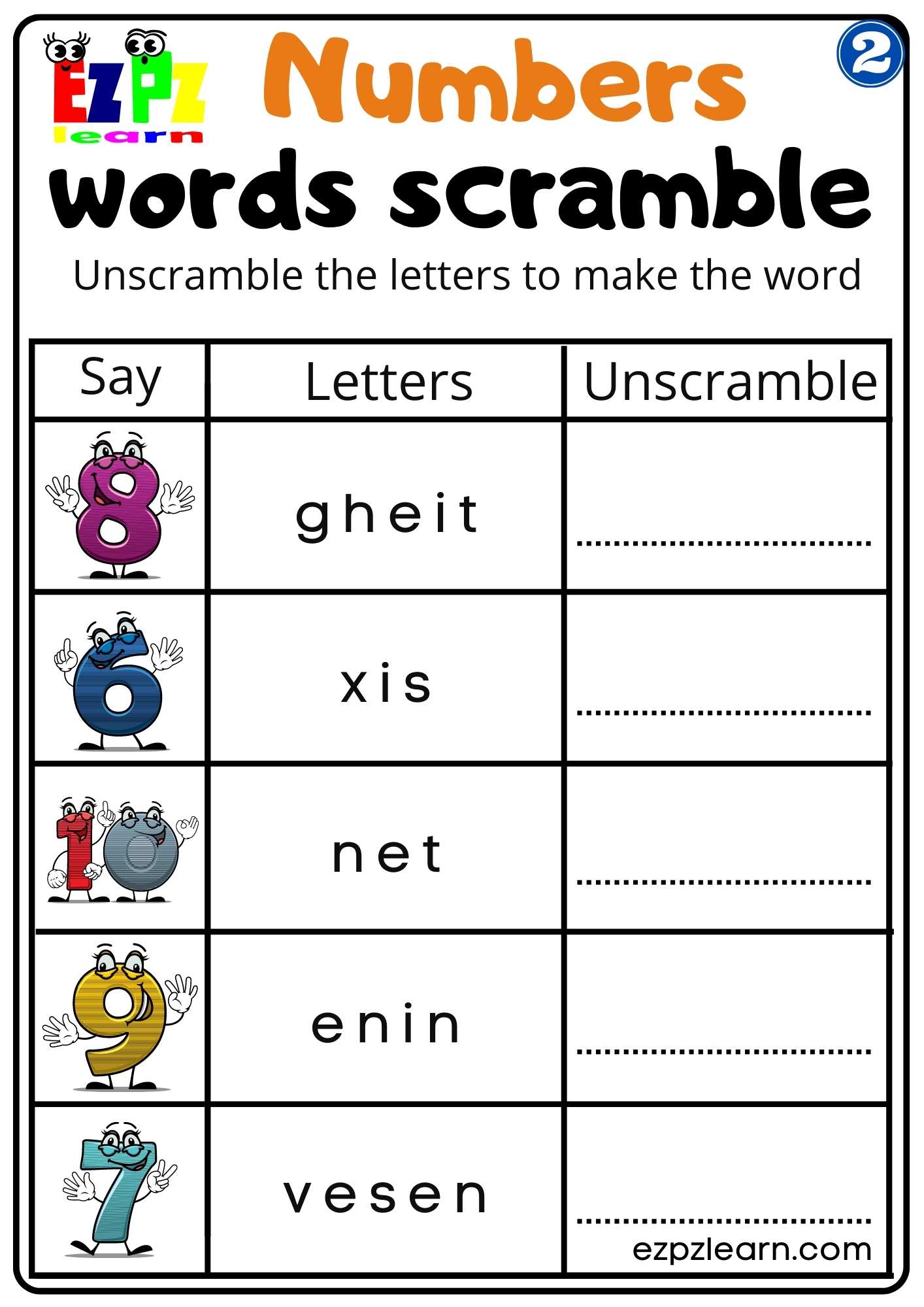G2 Numbers Word Scramble Worksheet for Kindergarten K5 and ESL PDF ...