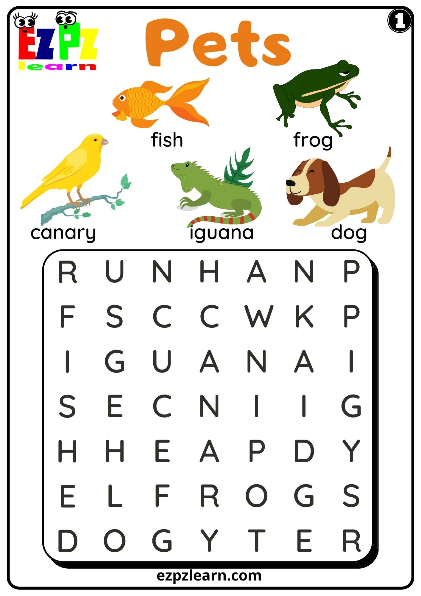 Pets Word Search set 1 Worksheet For Kids and ESL PDF Download ...