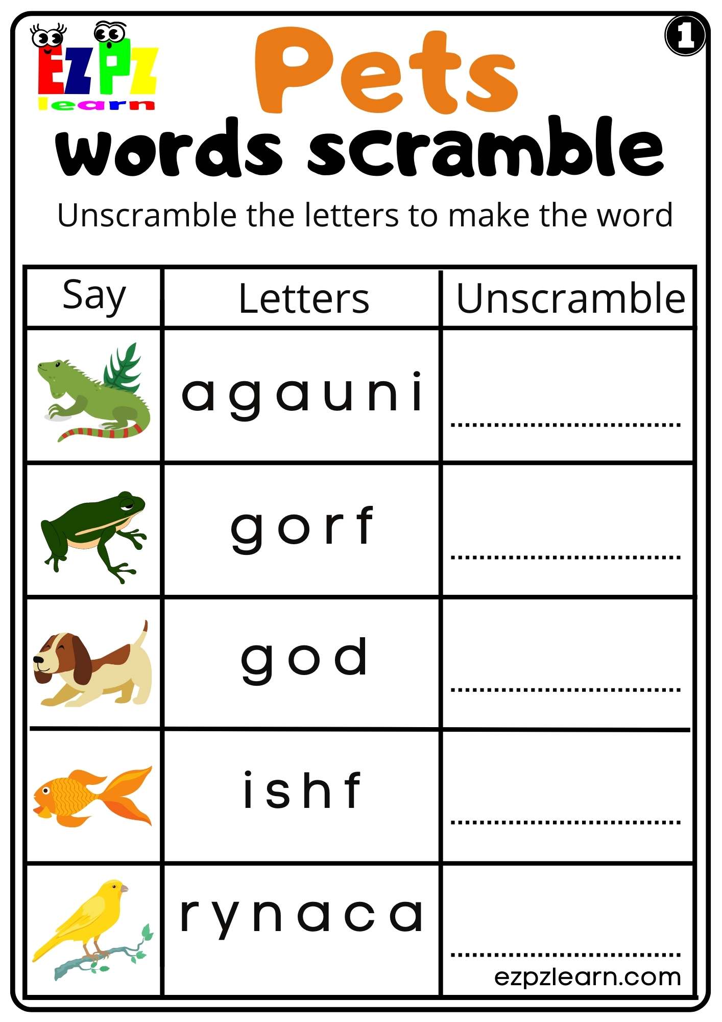 Pets Word Scramble set 1 Worksheet For Kids and ESL PDF Download ...