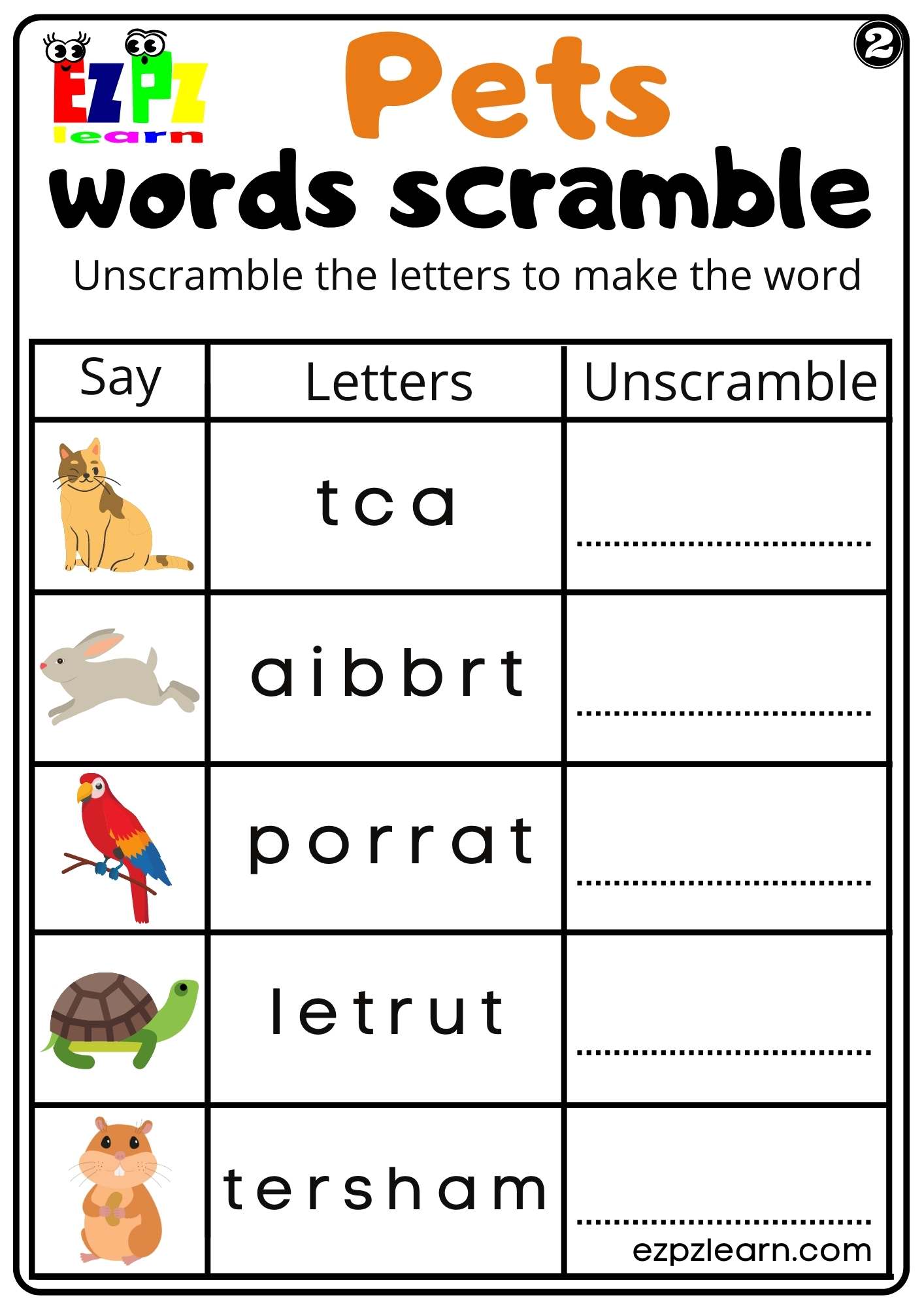 Pets Words Scramble set 2 Worksheet For Kids and ESL PDF Download ...
